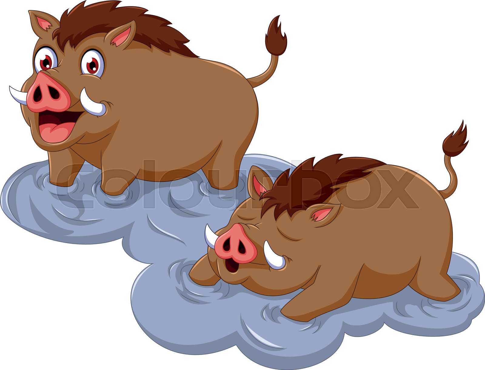 funny wild boar cartoon sitting with her baby | Stock vector | Colourbox