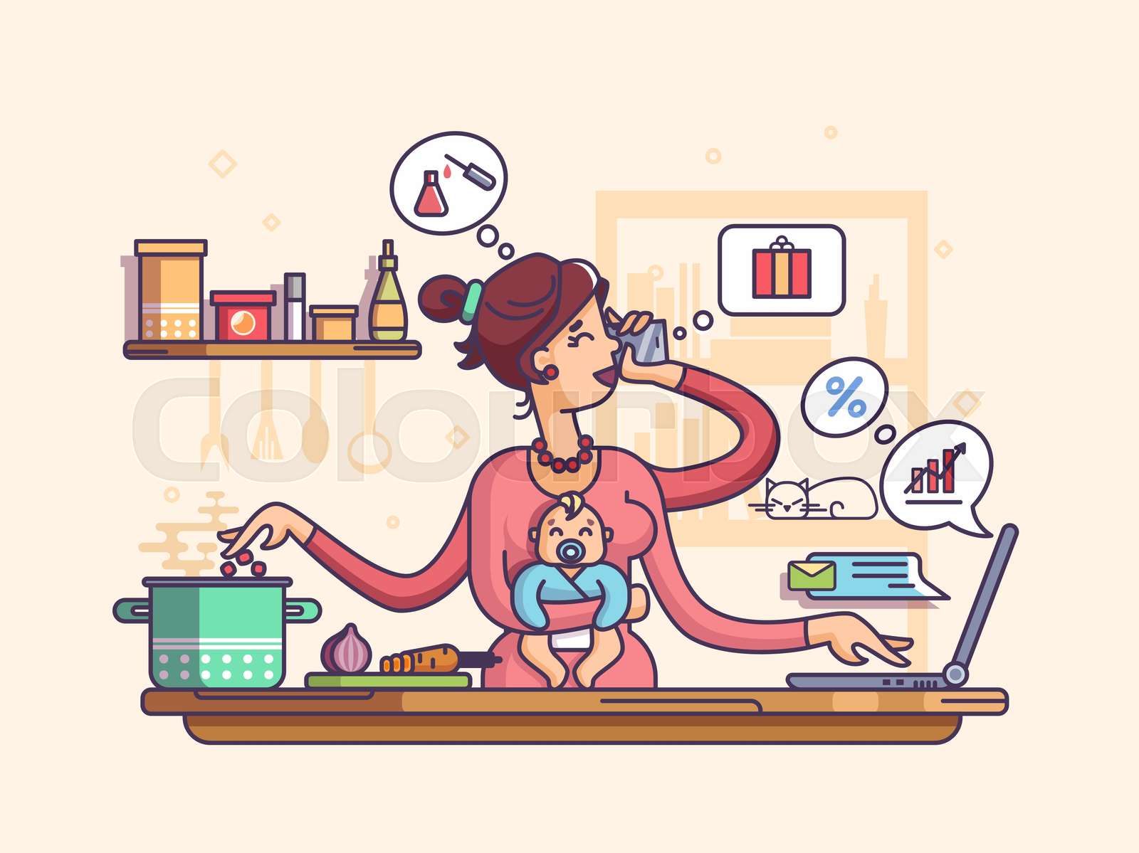Busy mother with baby | Stock vector | Colourbox