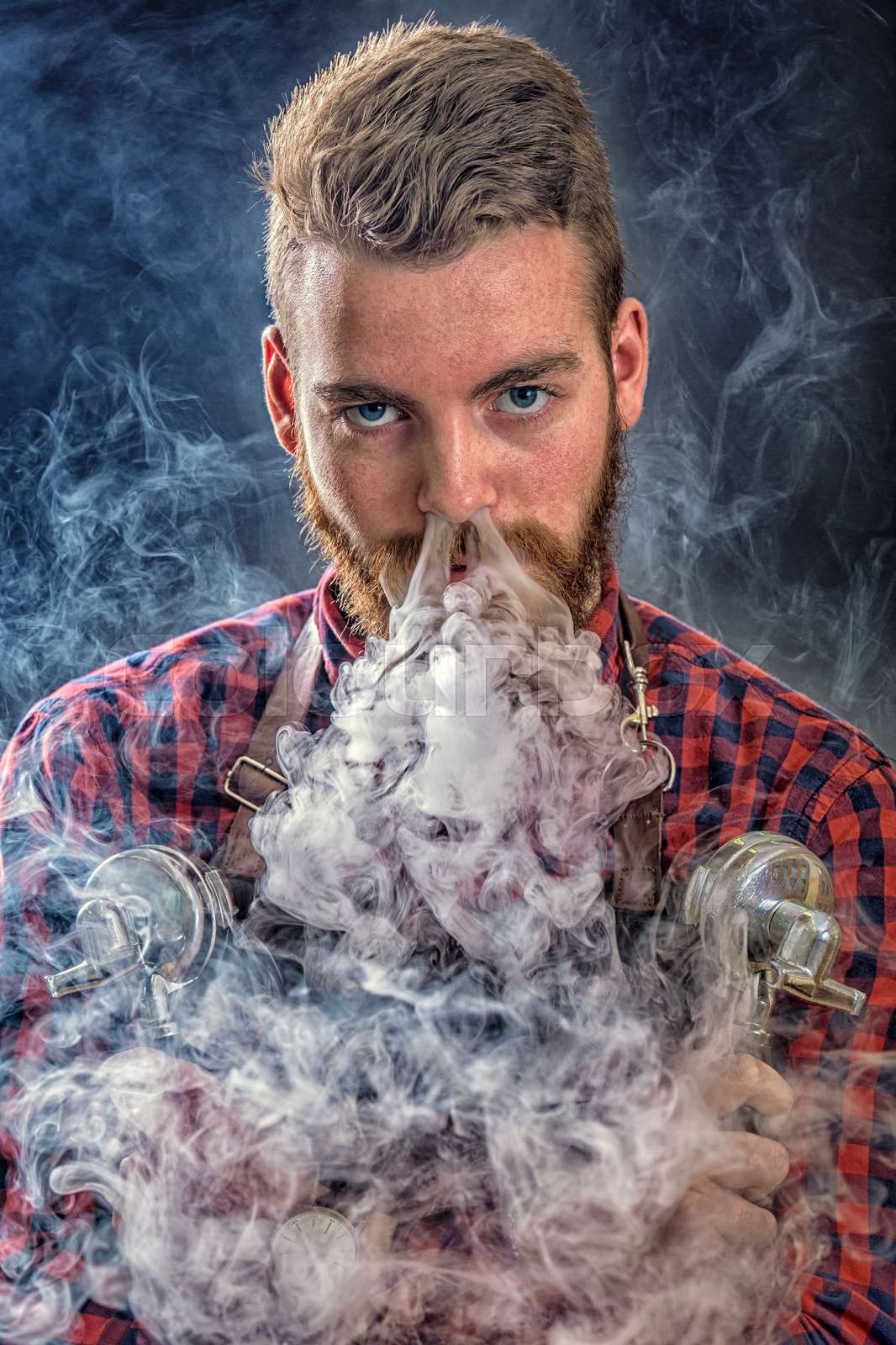 Coffe man. Barista with two portafilters. Hipster man with the release ...