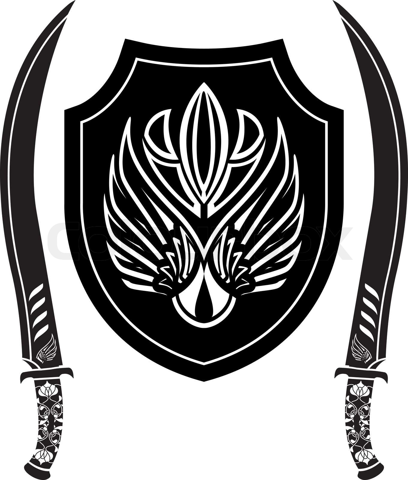 fantasy arabian shield and swords. stencil. vector illustration | Stock ...