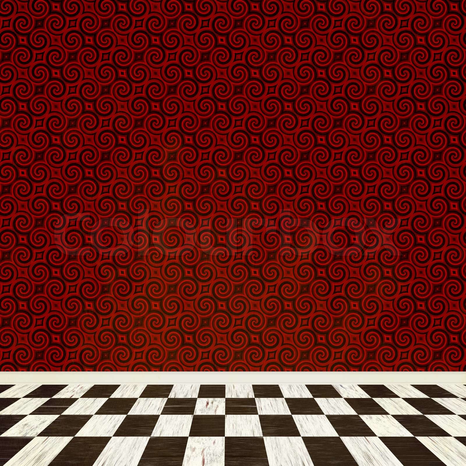 A fantasy room interior backdrop with checkered flooring and a vintage ...