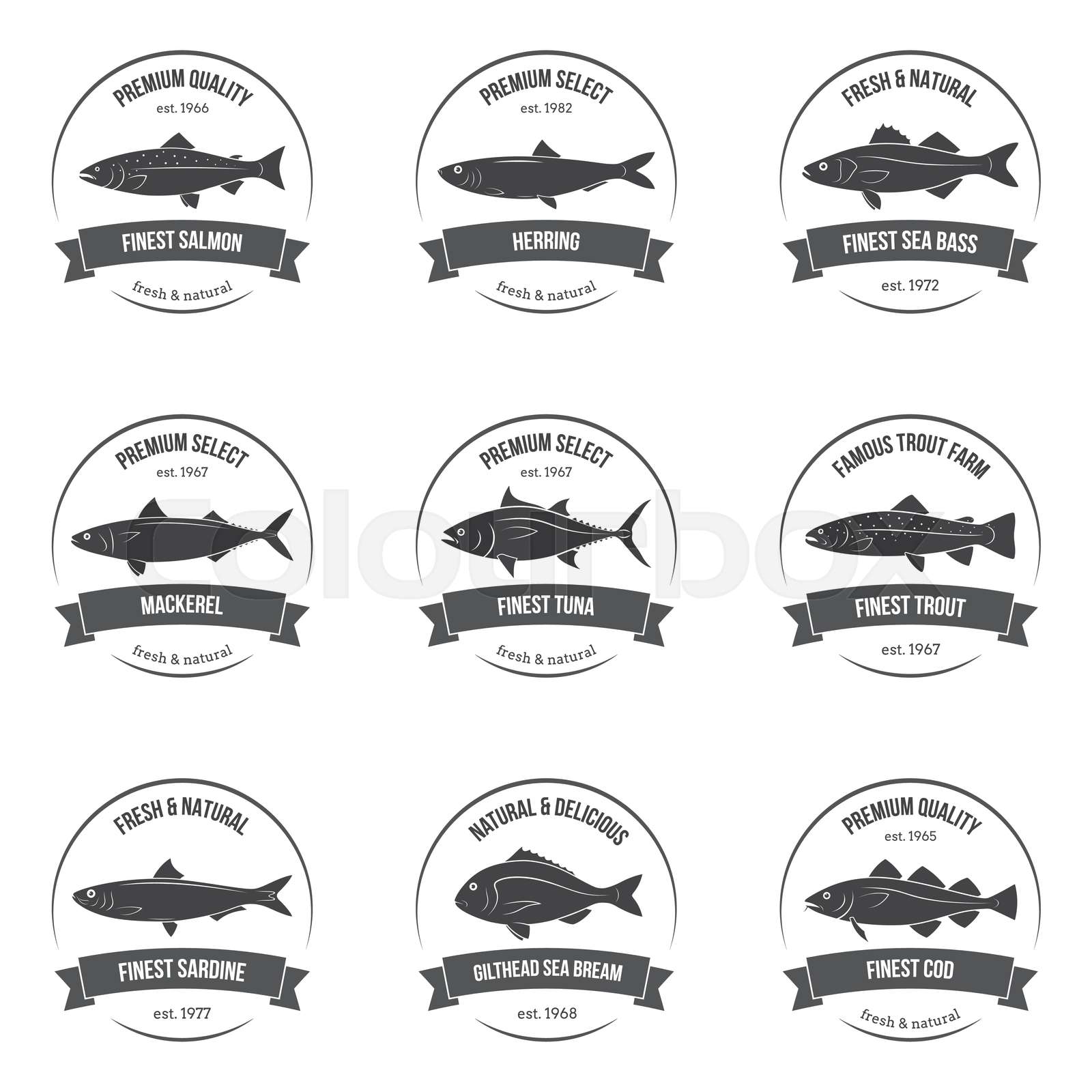 Vector fish silhouettes, labels, emblems. Salmon, herring, sea bass ...