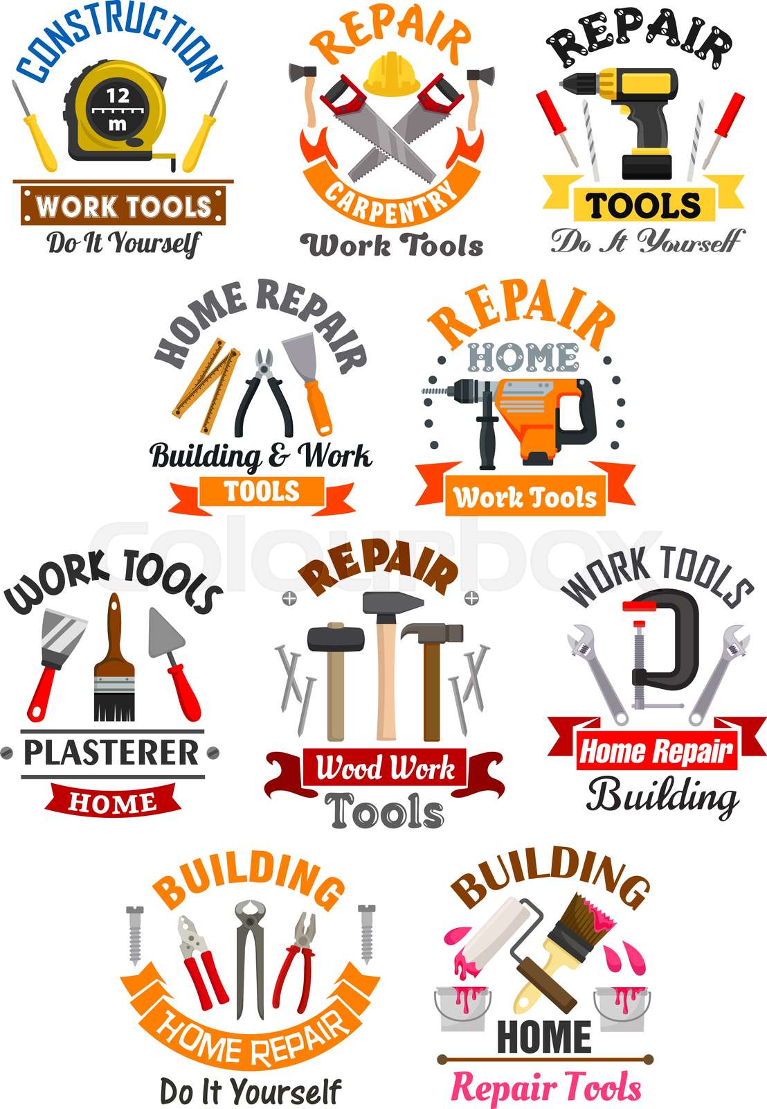 Work tools emblems set for repair, construction | Stock vector | Colourbox