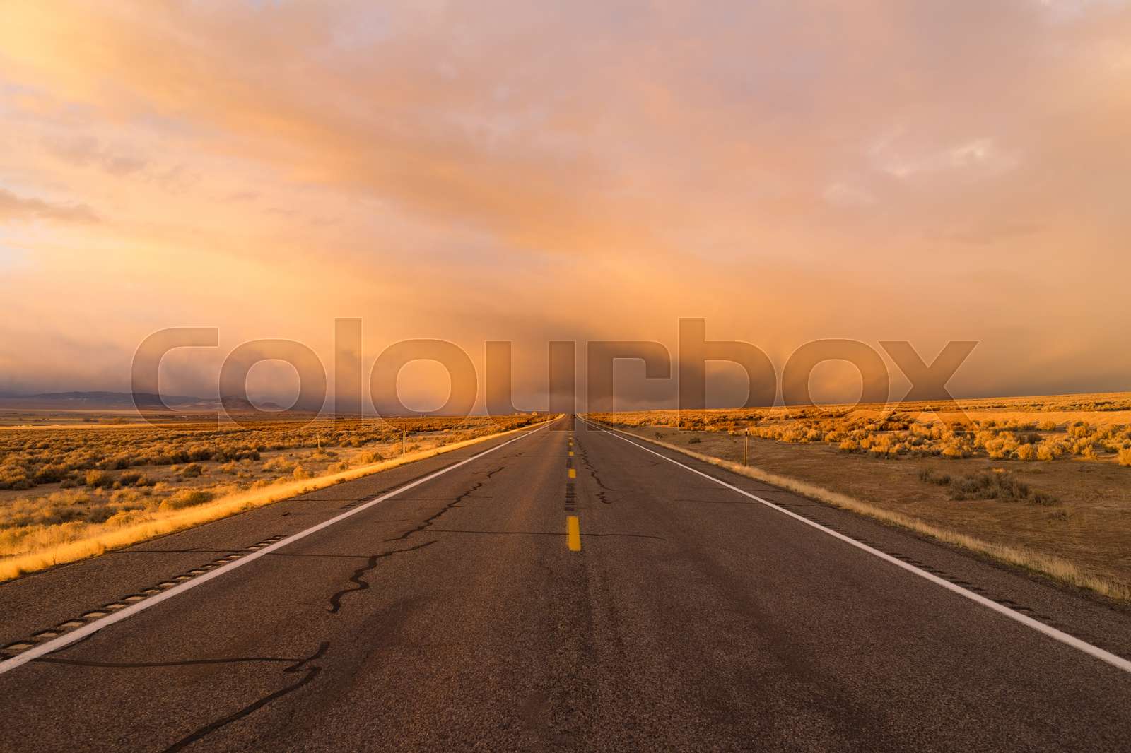 Orange Sunset Open Road Two Lane Highway Horizontal | Stock image ...