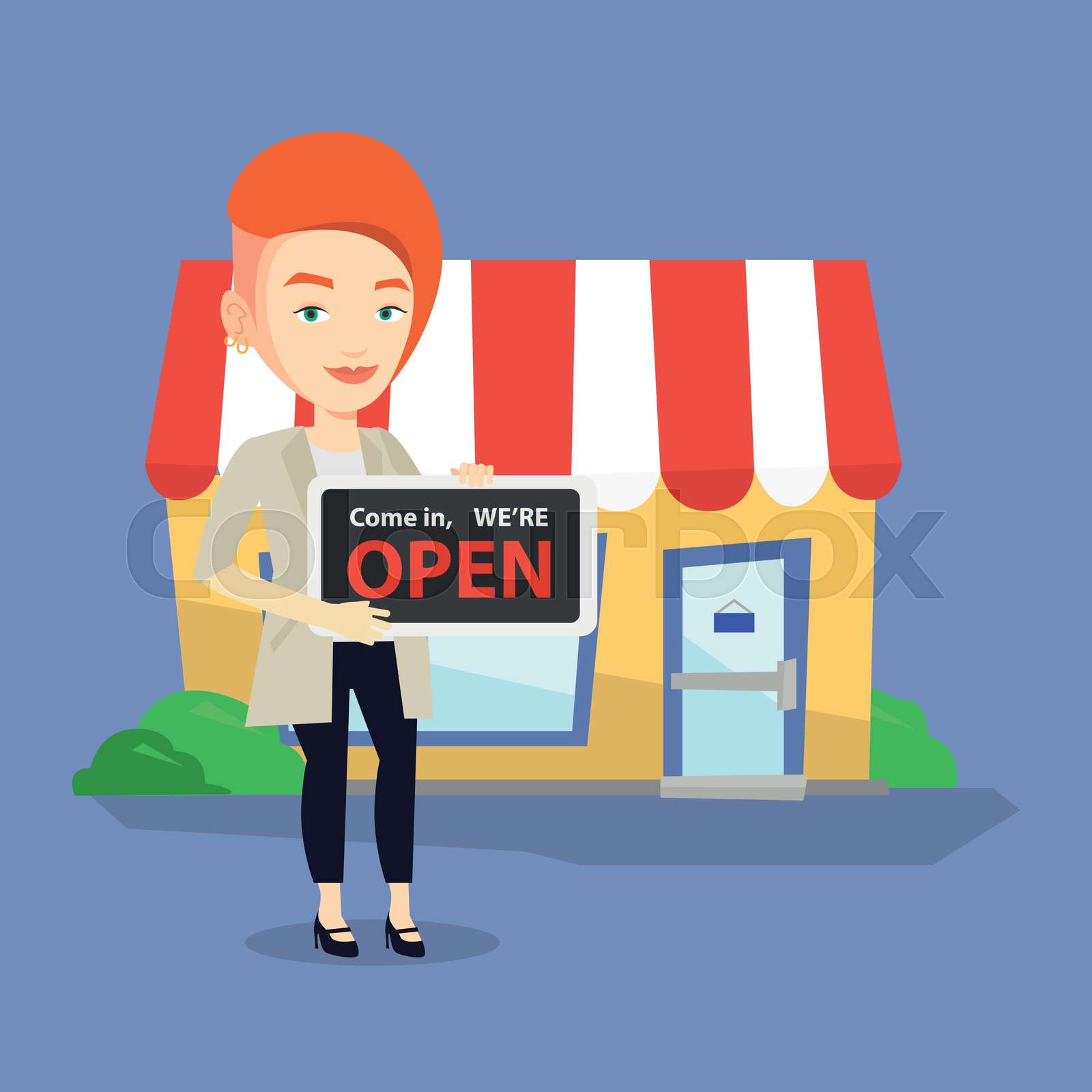 Female shop owner holding open signboard. | Stock vector | Colourbox