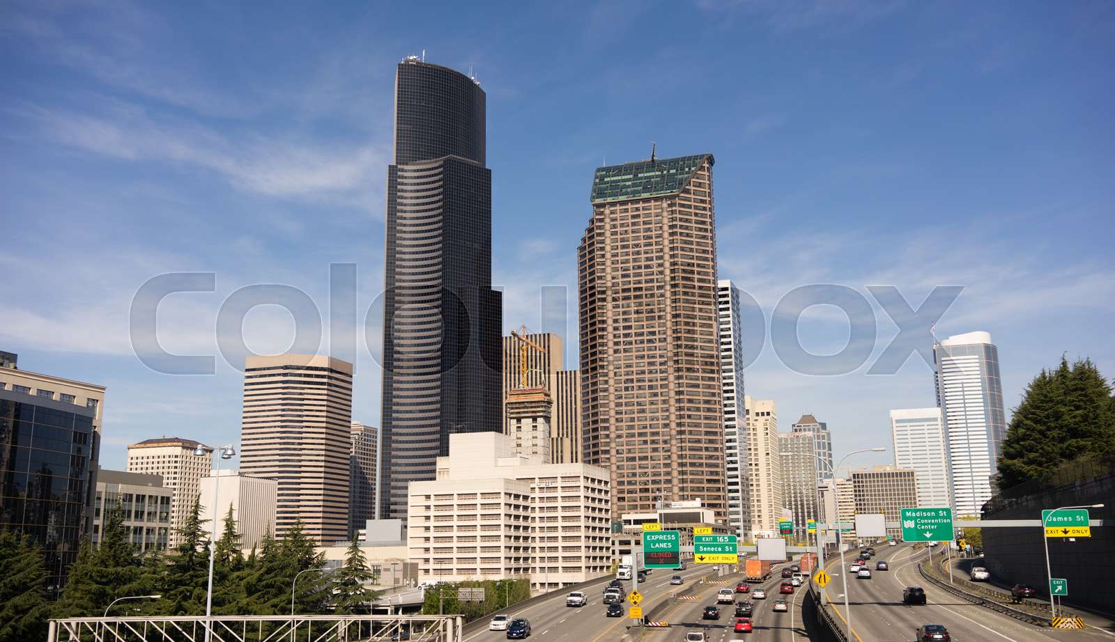 Downtown Seattle City Skyline Interstate 5 Cars Divided Highway | Stock ...