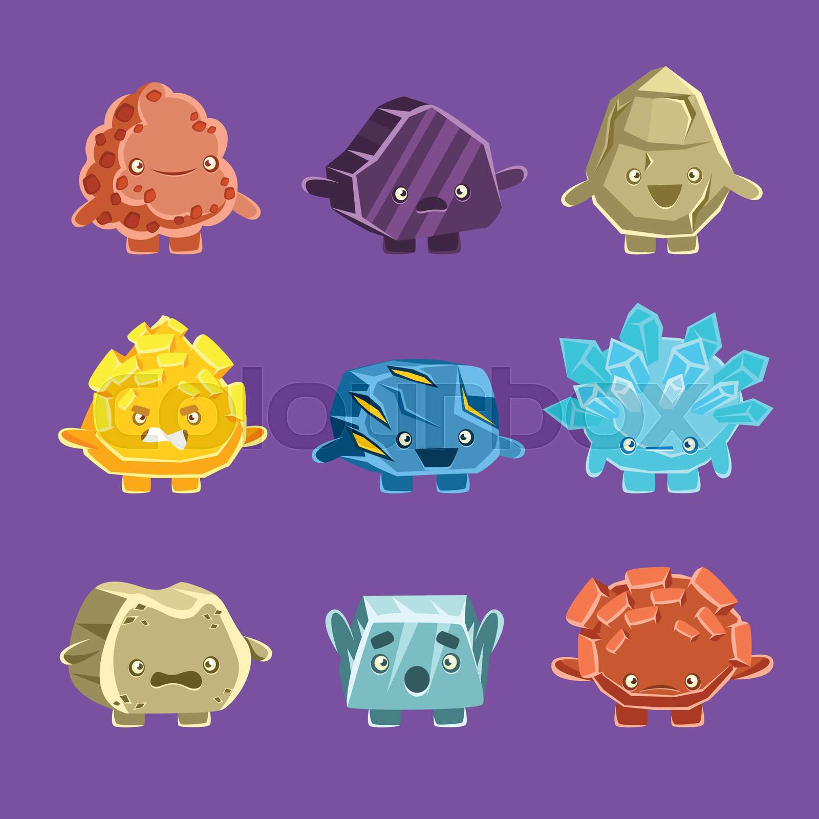 Alien Fantastic Golem Characters Of Different Humanized Rocks With Friendly Faces Emoji Stickers ...