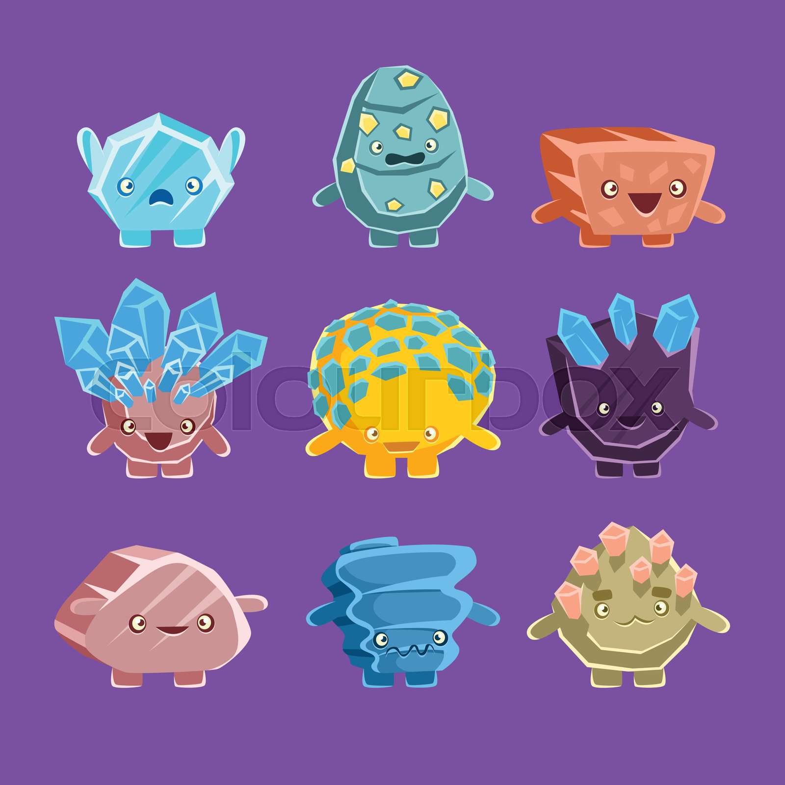 Alien Fantastic Golem Characters Of Different Humanized Rocks With Friendly Faces Emoji Stickers ...