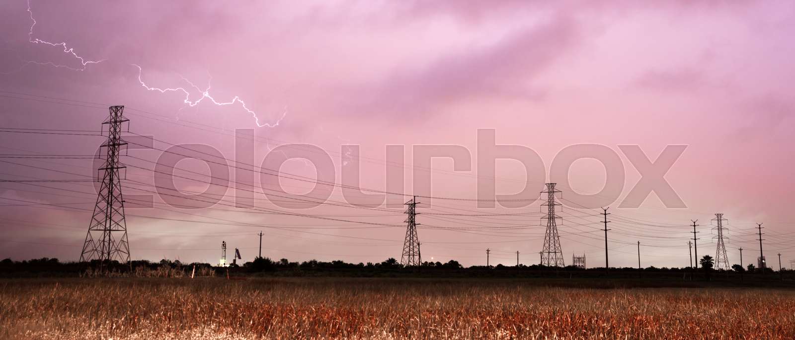 Deep South Thunderstorm Lightning Strike over Power Lines Poles | Stock ...