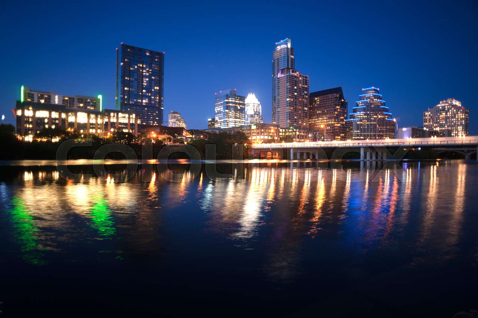 Colorado River Flows through Austin Texas City Center Downtown Sunset ...