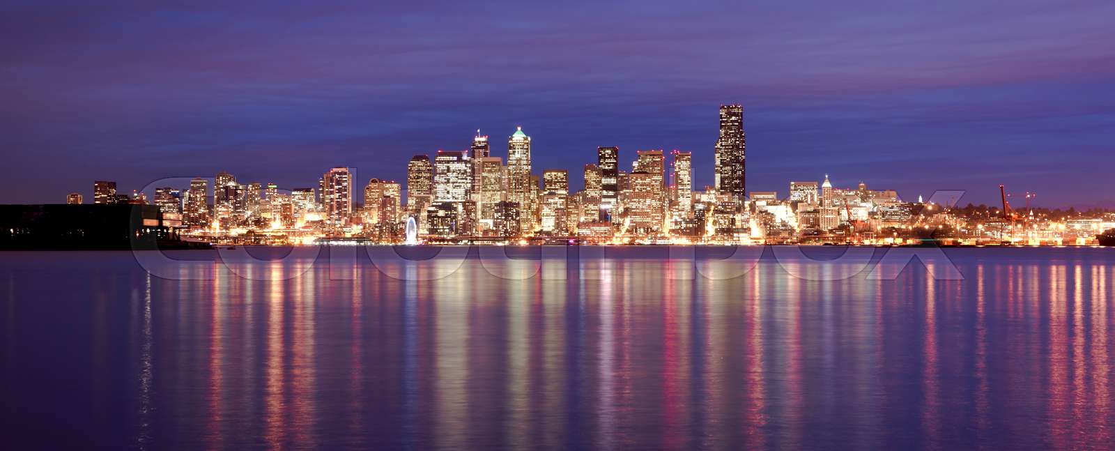 Downtown Seattle Skyline Elliott Bay Puget Sound Office Buildings Night ...