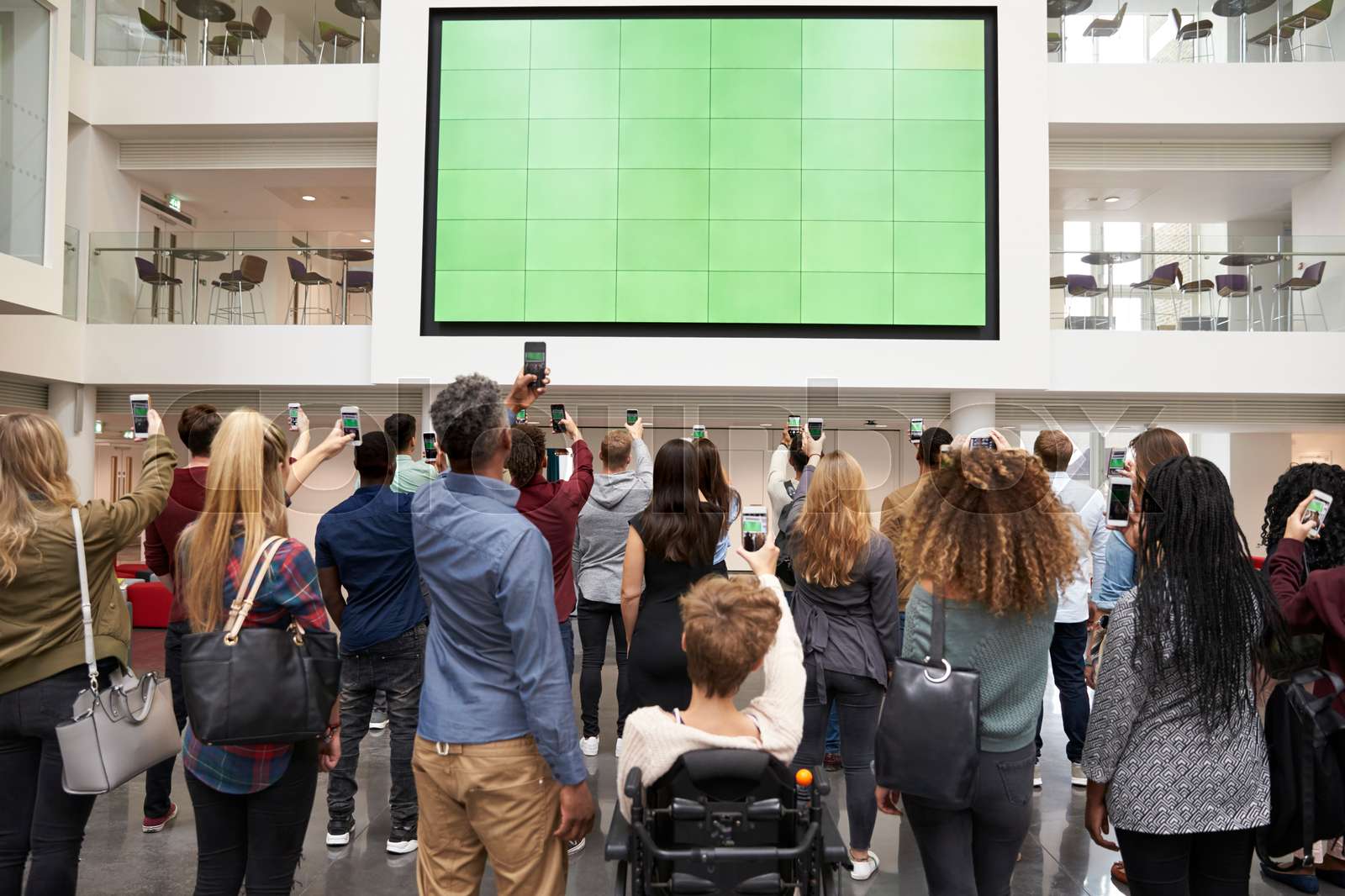Students photographing big screen with phones, back view | Stock image ...