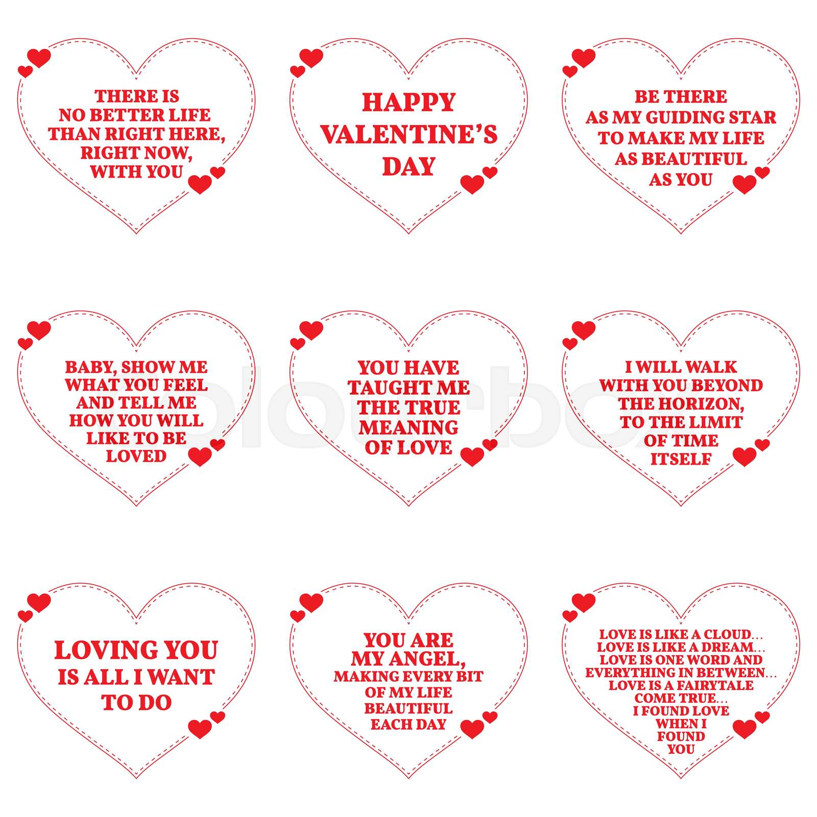 Set of love wishes quotes over white background. Simple heart shape ...