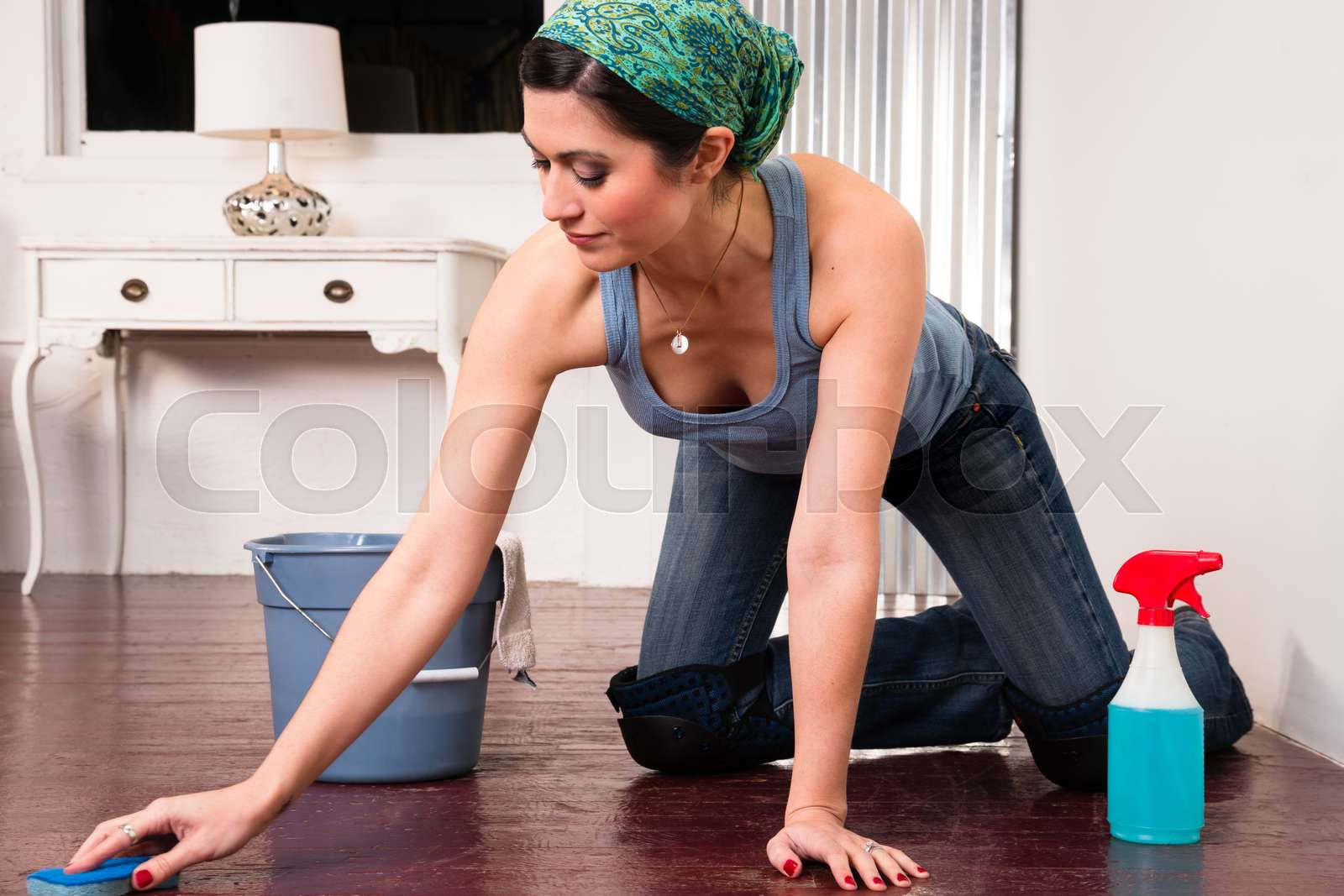 Adorable Housewife Maid Doing Cleaning Chores Scrubbing Floor Hands Knees Stock Image Colourbox