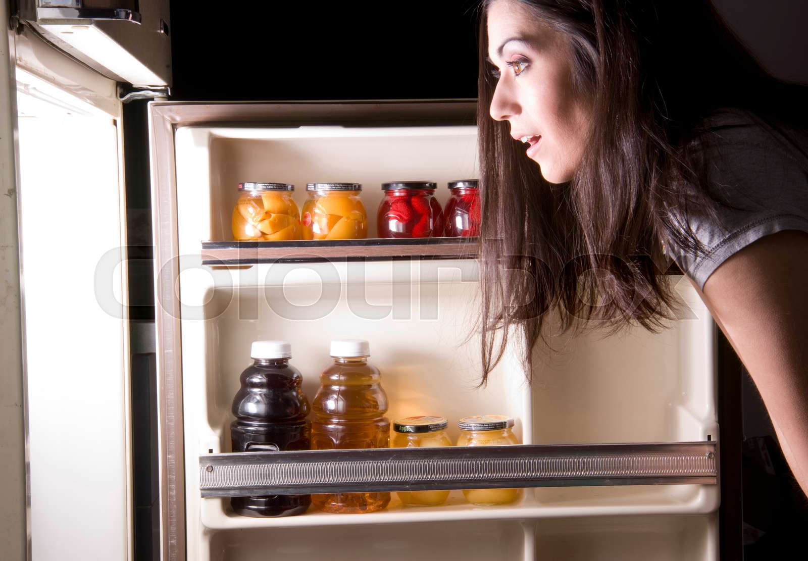 Woman Doing a Fridge Raid at Midnight Open Refrigerator | Stock image ...