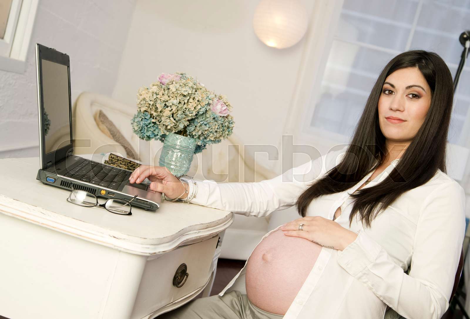 Beautiful Pregnant Woman Shows Belly Work Desk Working Laptop Computer ...