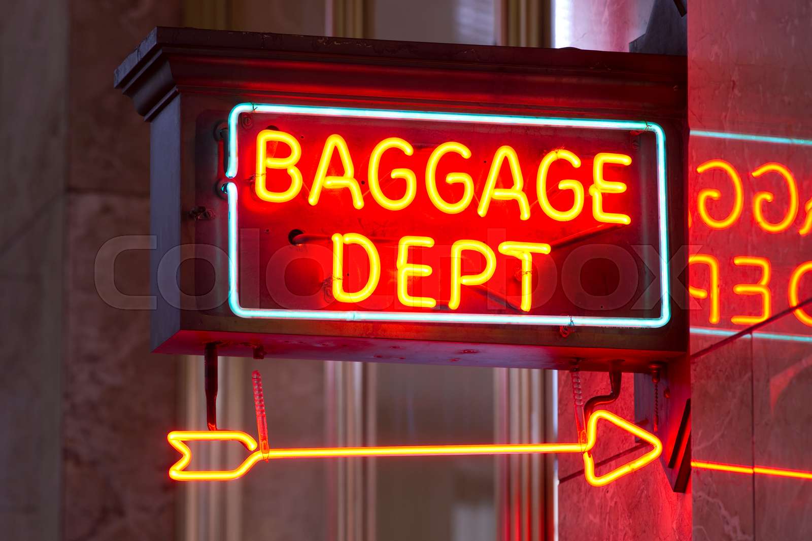 Red Neon Sign Indoor Depot Signage Arrow Points Baggage Dept | Stock ...