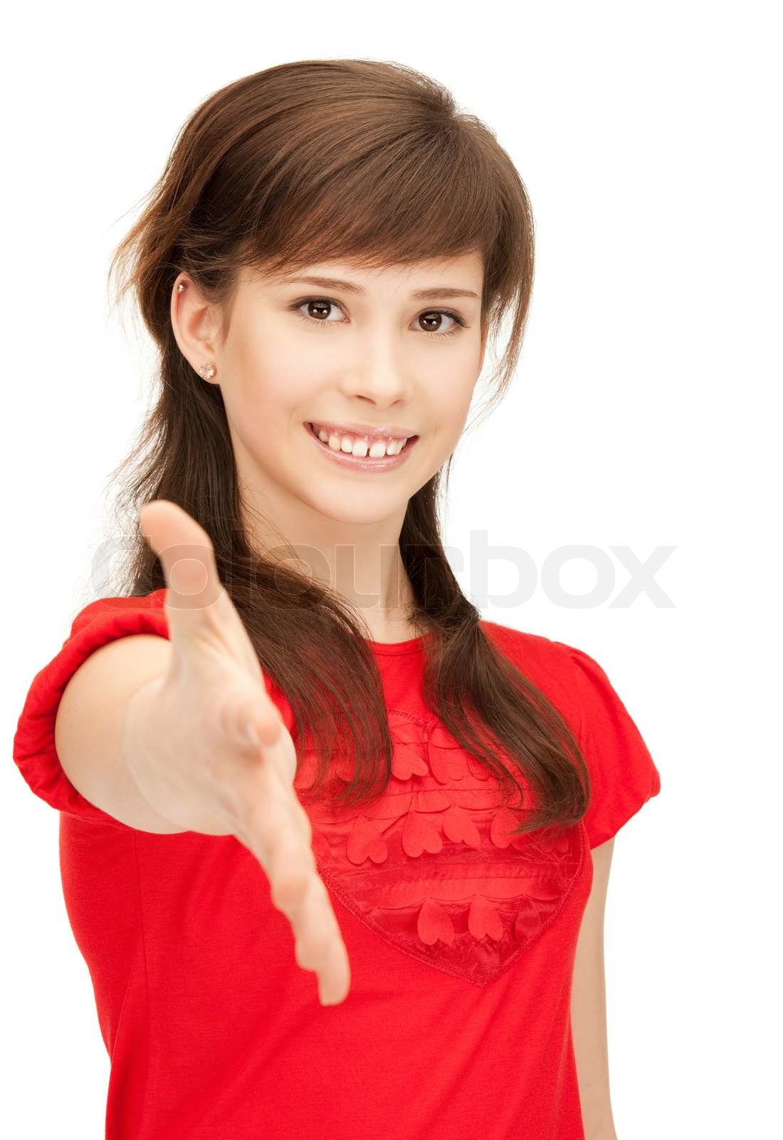 picture of teenage girl with an open hand ready for handshake | Stock ...