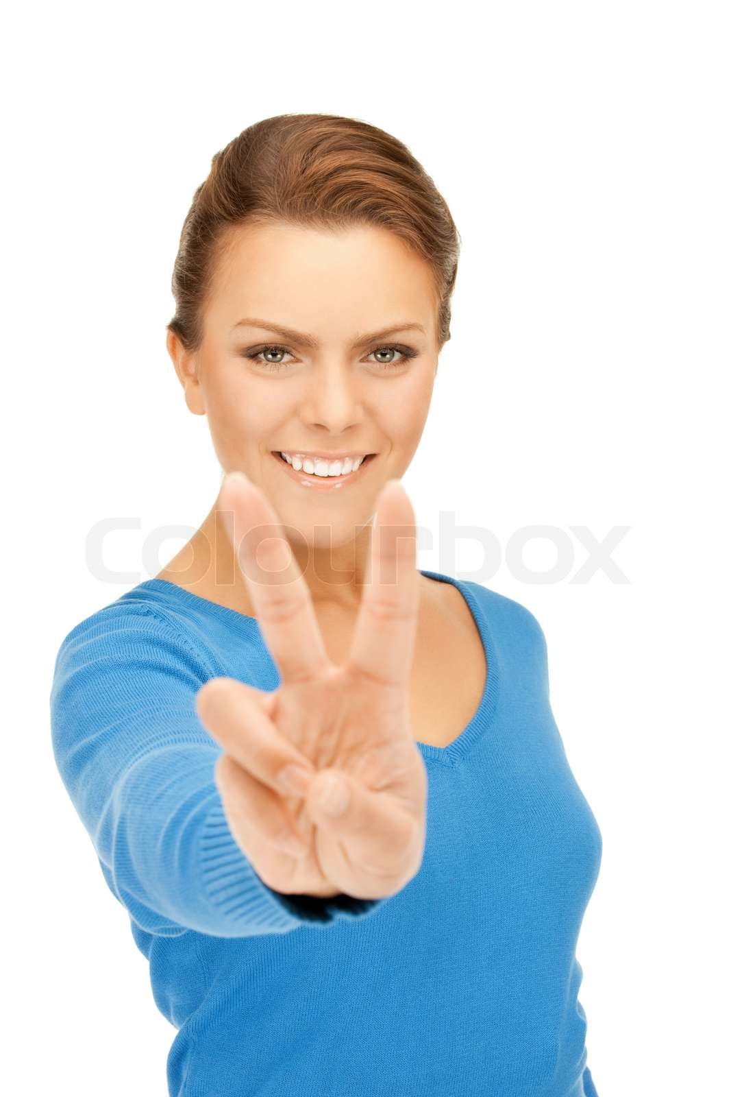 bright picture of lovely teenage girl showing victory sign | Stock ...