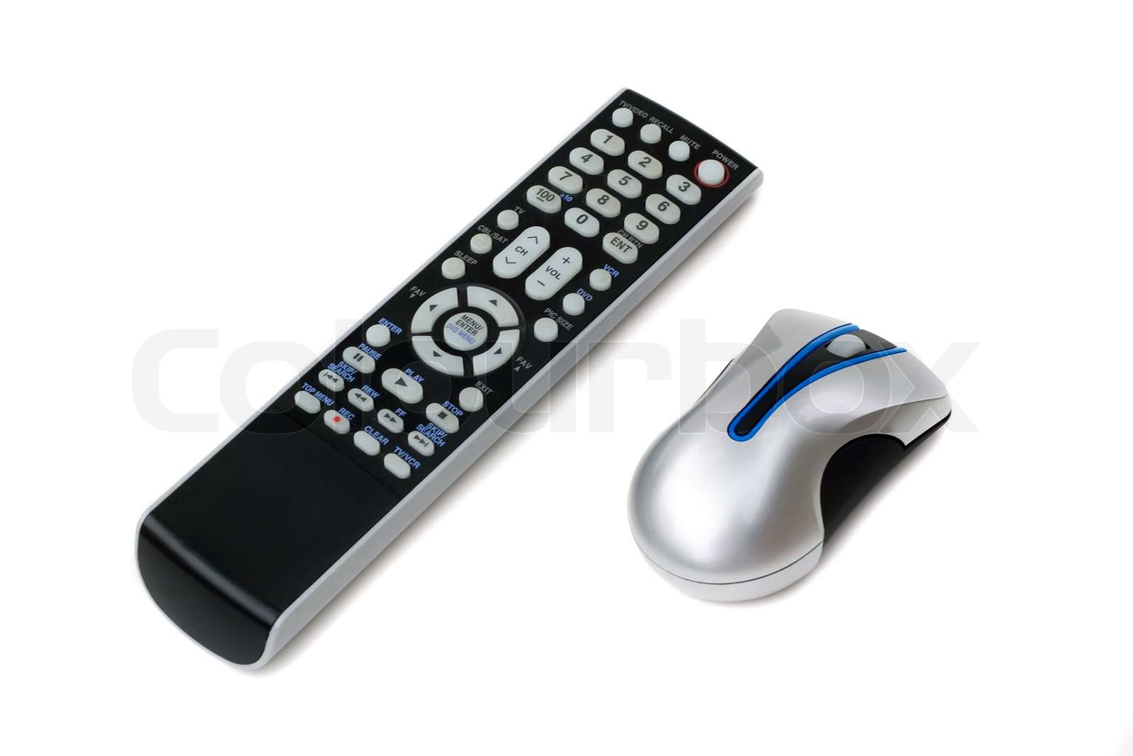 A television remote control and a wireless computer mouse both isolated ...
