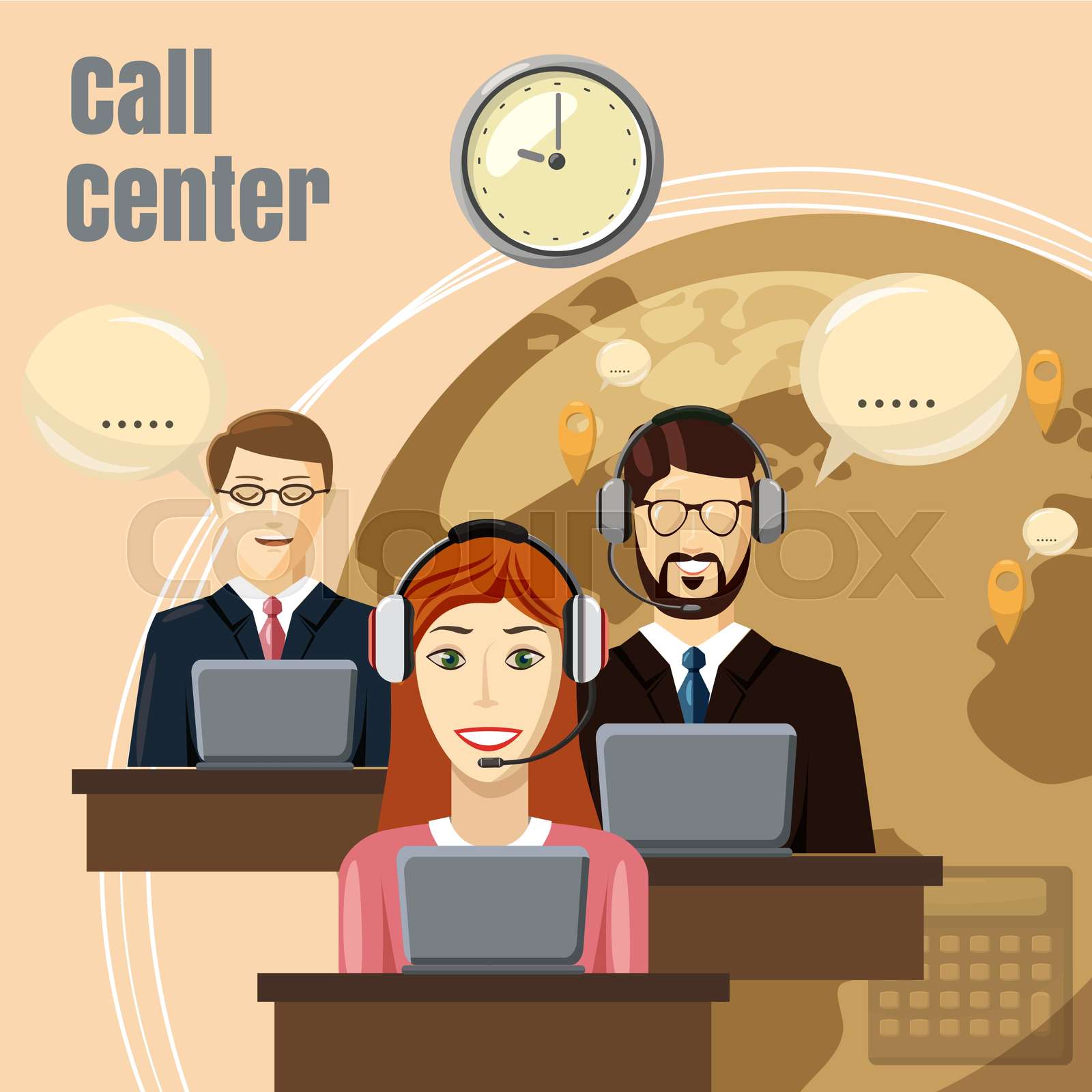 Call center team concept, cartoon style | Stock vector | Colourbox