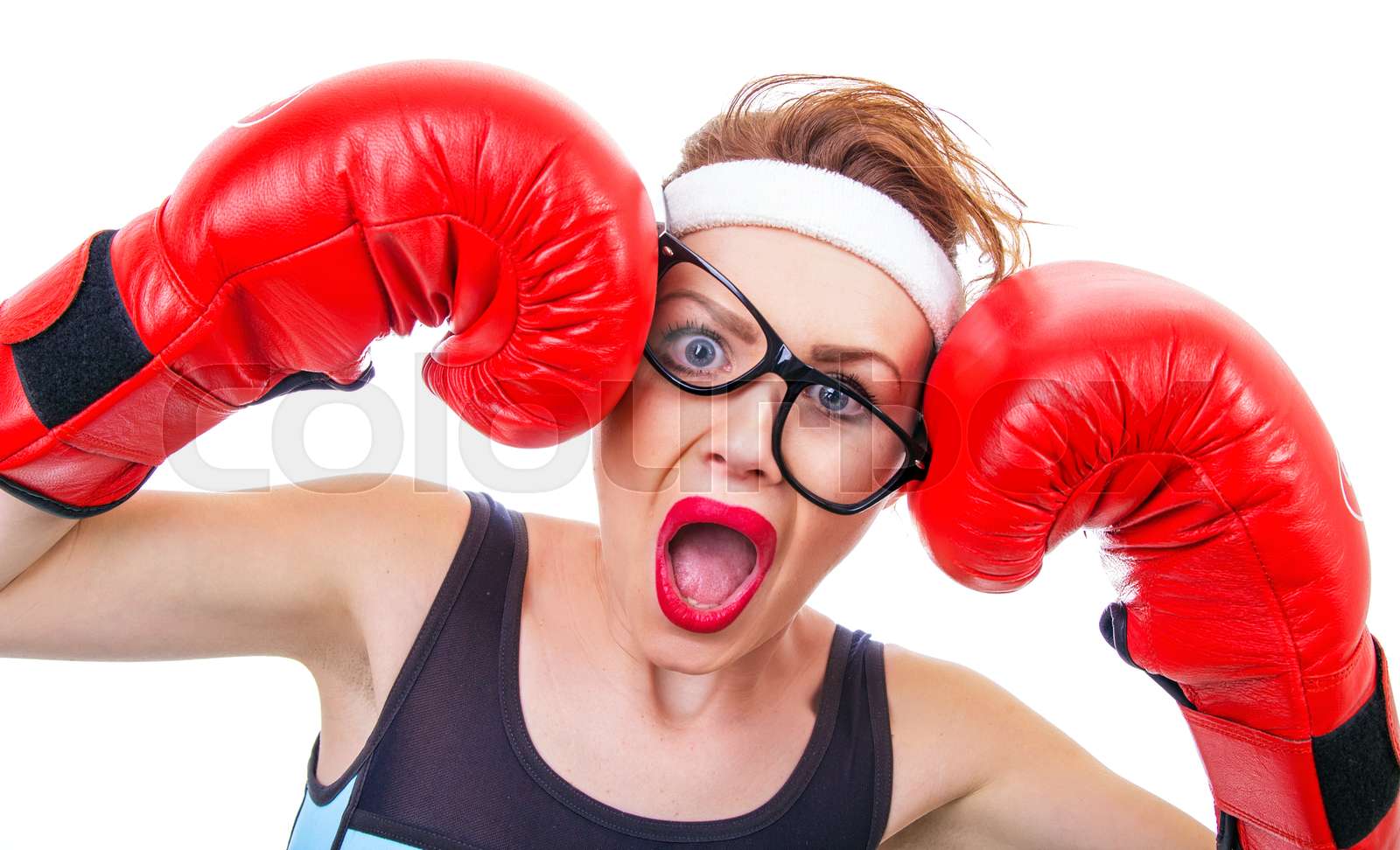 Funny woman with boxing gloves screaming, isolated on white | Stock ...