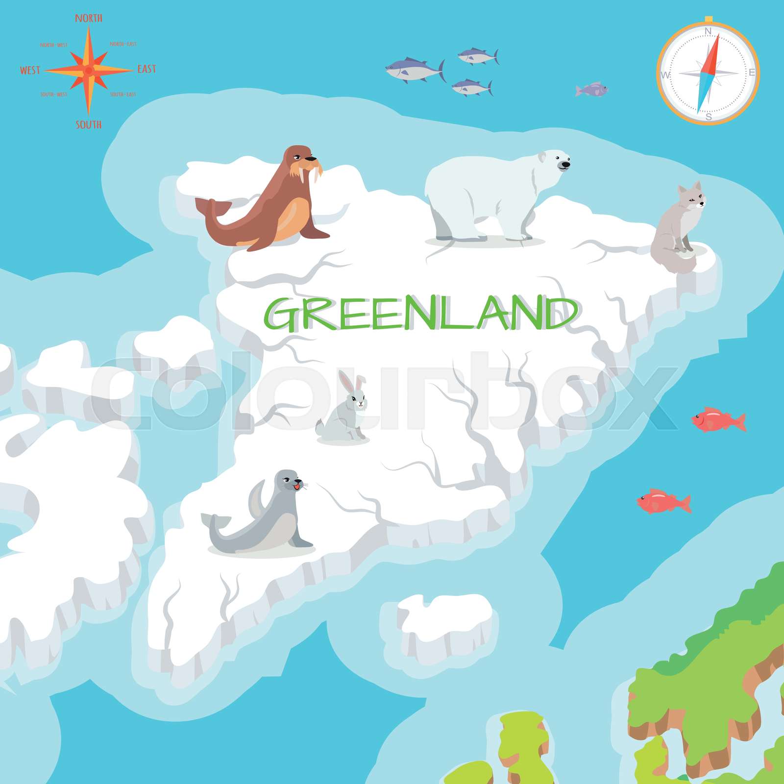 Greenland Mainland Cartoon Map with Fauna Species | Stock vector ...