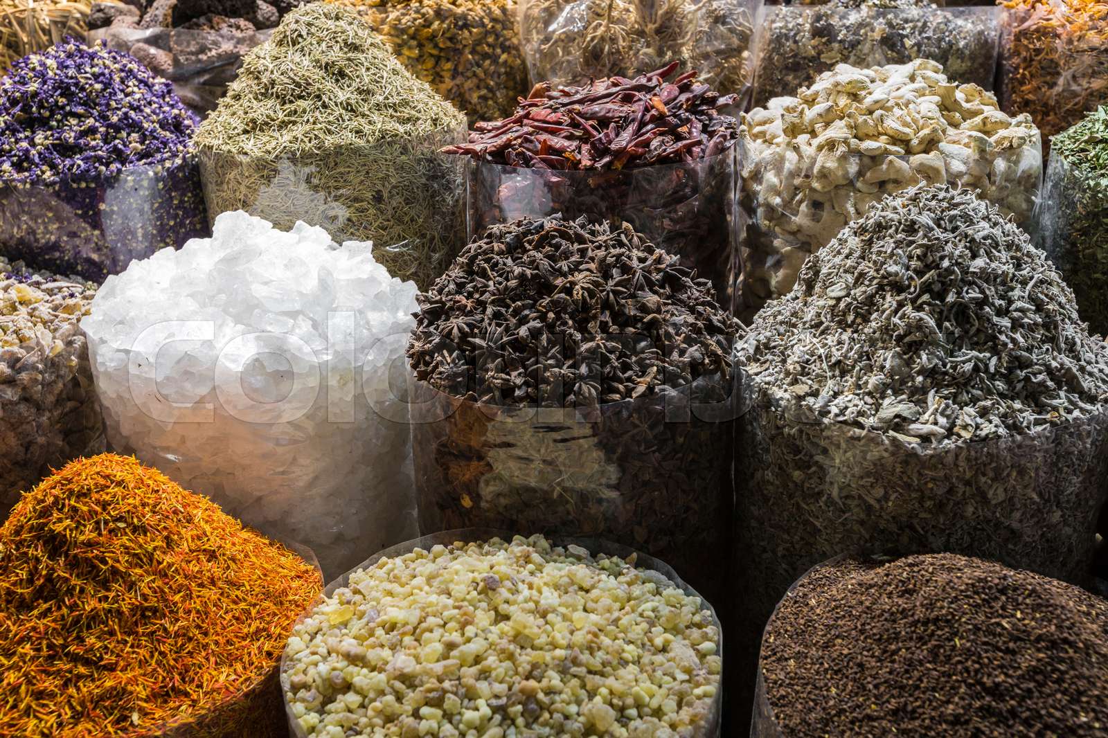 Dried herbs, flowers and arabic spices in the souk at Deira in Dubai ...