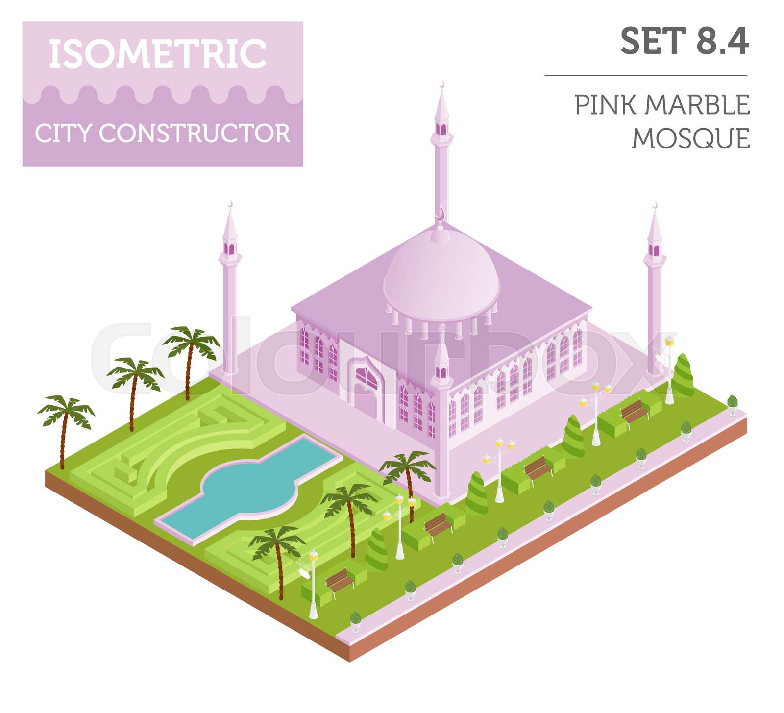 Flat 3d isometric islamic mosque and city map constructor elements such ...