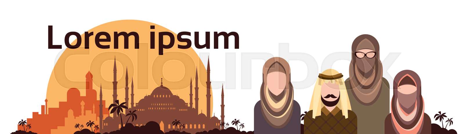 Arab People Group Arabic Man And Woman Over Muslim Cityscape Mosque ...