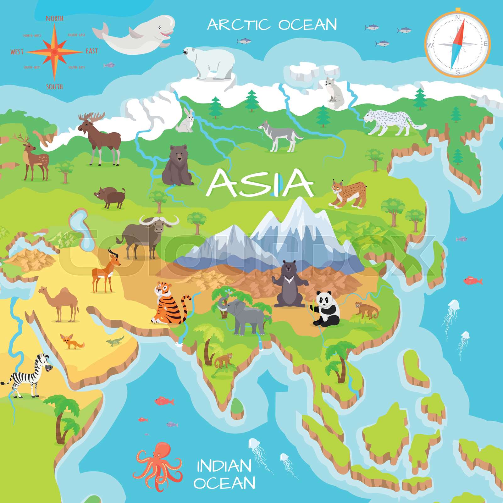Asia Mainland Cartoon Map with Fauna Species | Stock vector | Colourbox