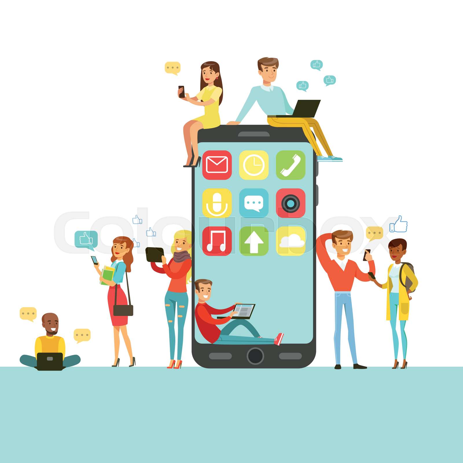 People With Different Modern Gadgets Using Social Networks Around Giant ...