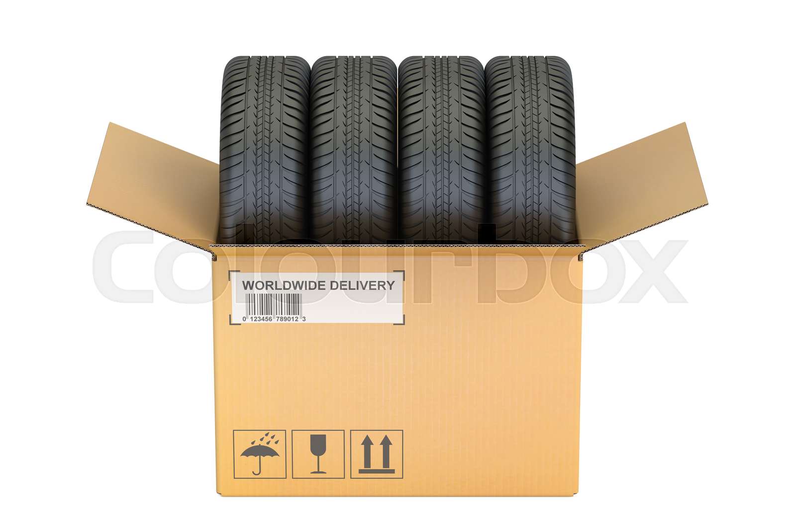 Cardboard Box with Tires, 3D rendering | Stock image | Colourbox