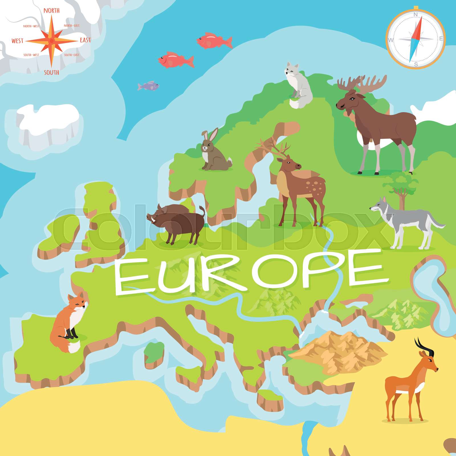Europe Isometric Map with Flora and Fauna. Vector | Stock vector ...