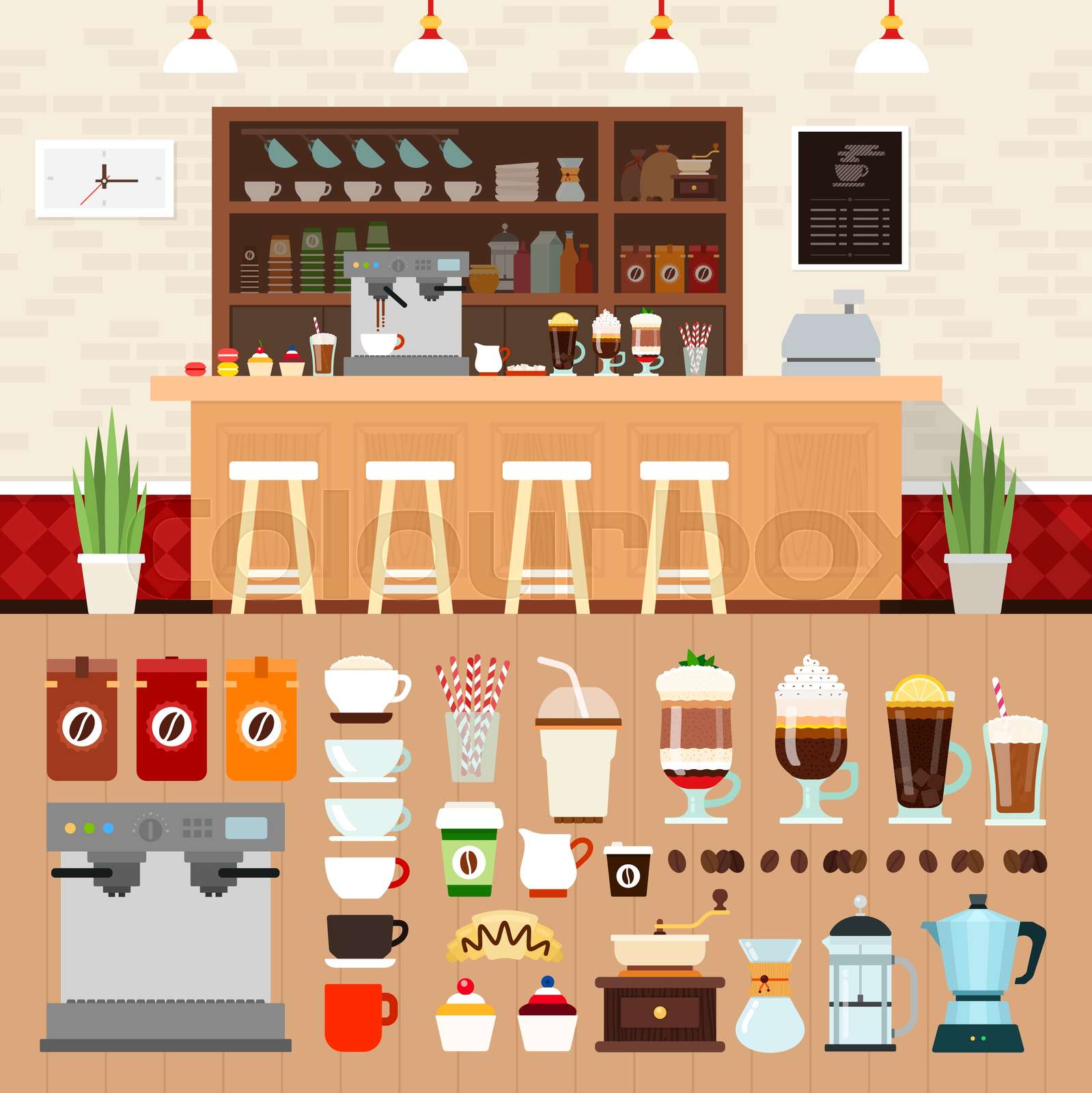 Coffee bar with beverages on the table | Stock vector | Colourbox