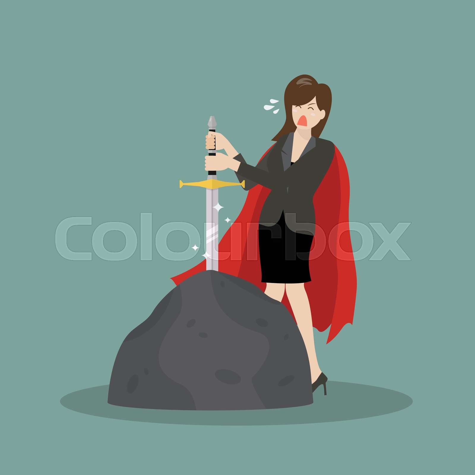 Business woman try to pull sword from stone | Stock vector | Colourbox