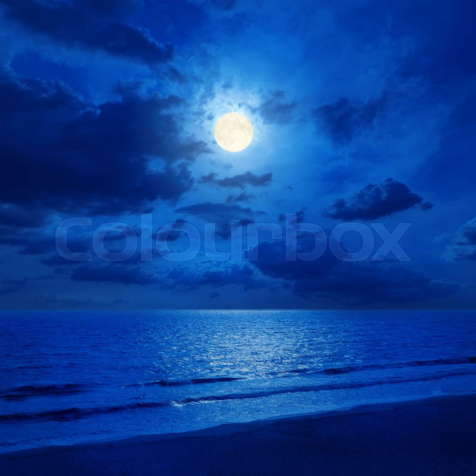full moon in cloudy sky and sea with reflections | Stock image | Colourbox