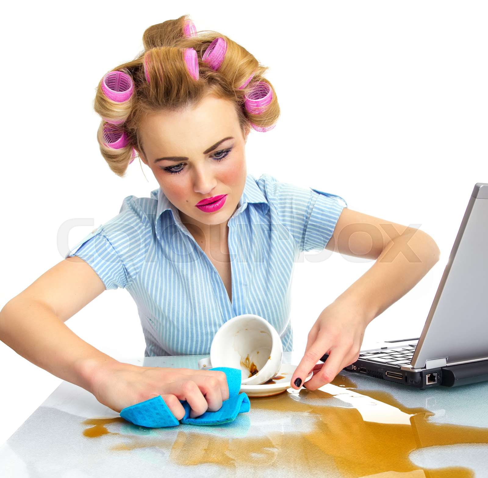 Funny business woman cleaning desktop. Dirty workspace | Stock image ...