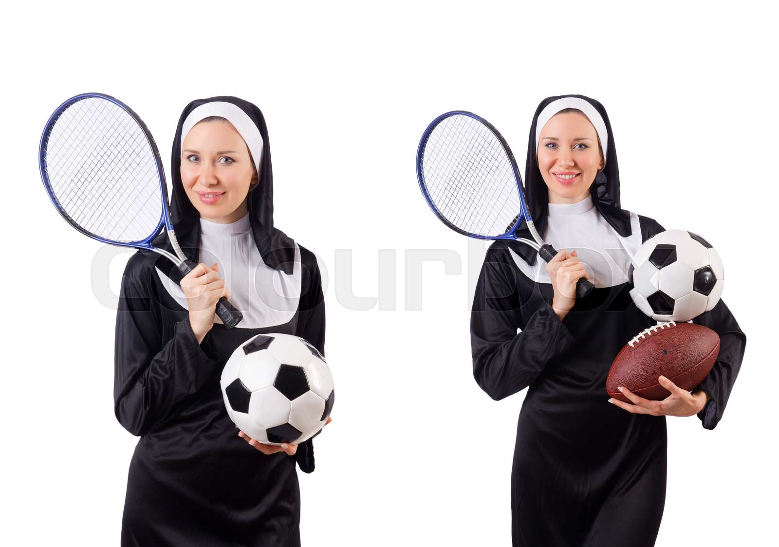 Pretty nun with sport equipment isolated on white | Stock image | Colourbox