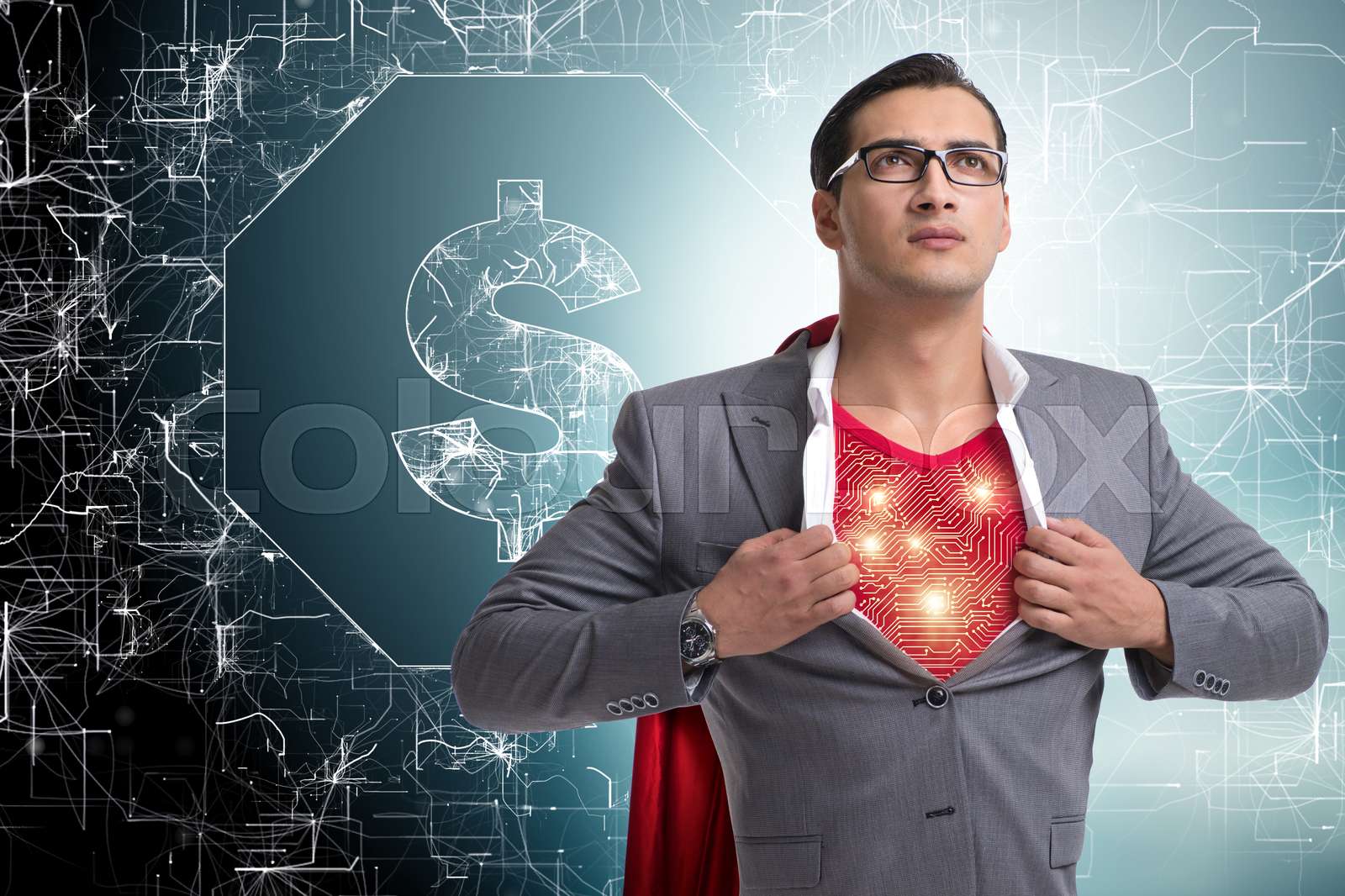 Superhero saving american dollar currency | Stock image | Colourbox