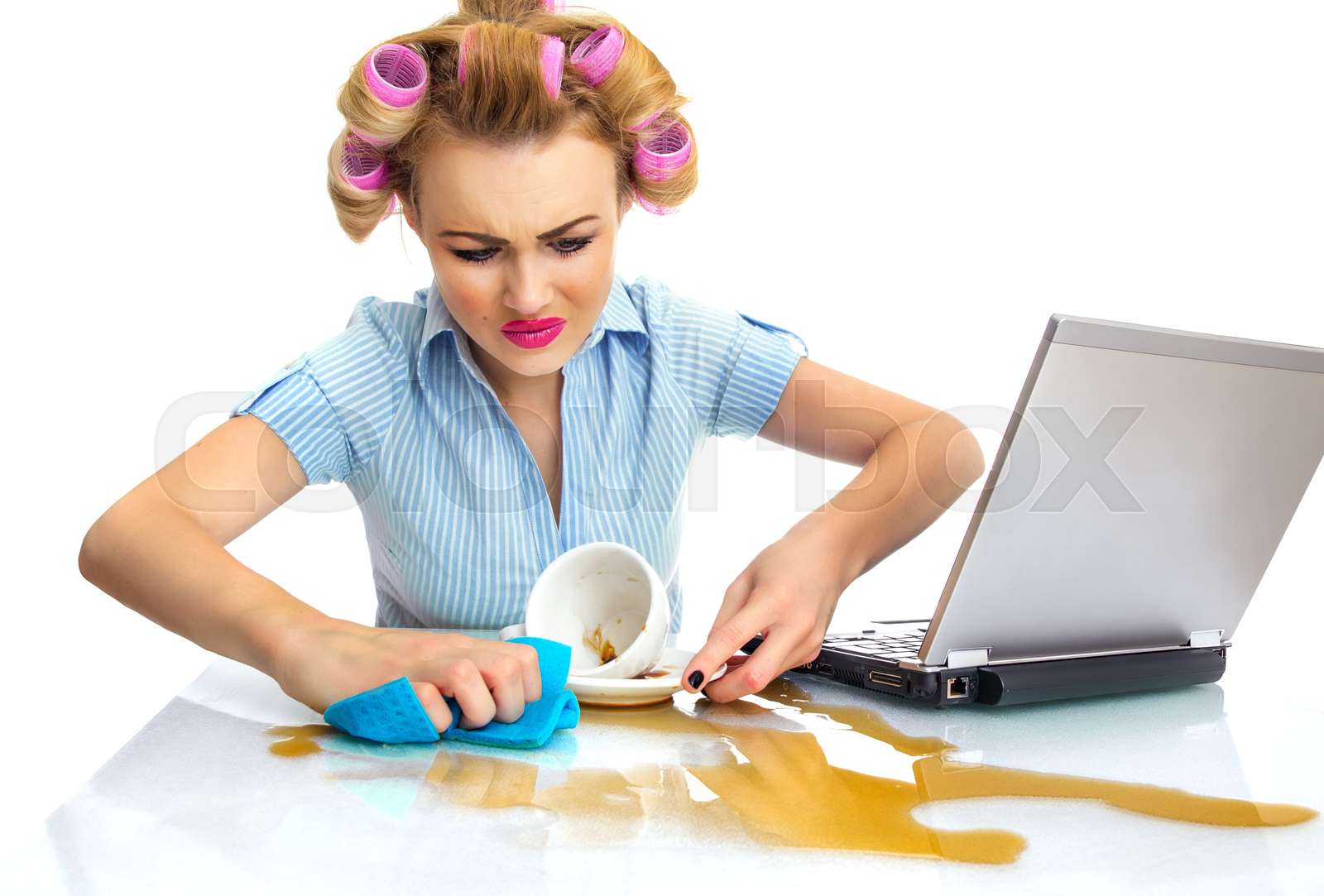 Funny business woman cleaning desktop. Dirty workspace | Stock image ...