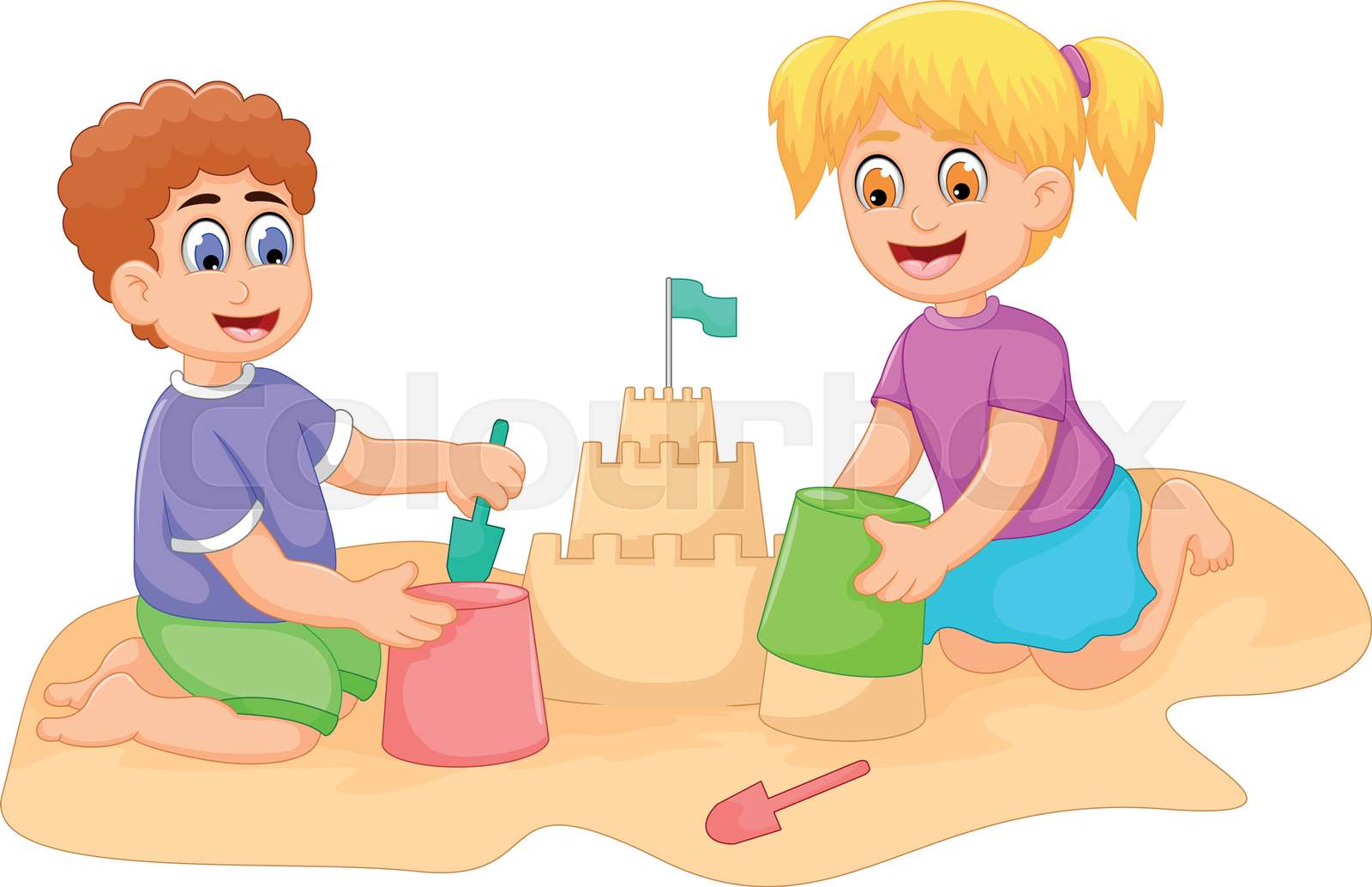 funny little boy and girl cartoon playing sand | Stock vector | Colourbox