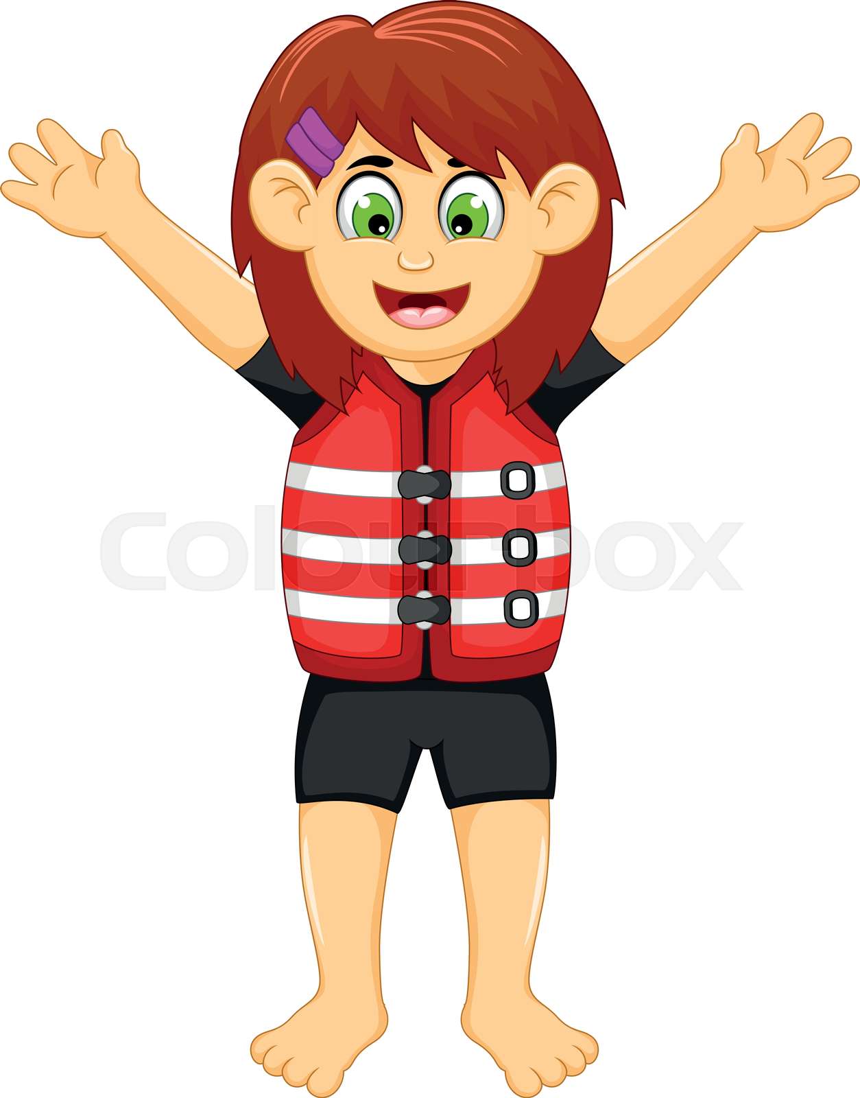 funny girl cartoon wearing life jacket | Stock vector | Colourbox