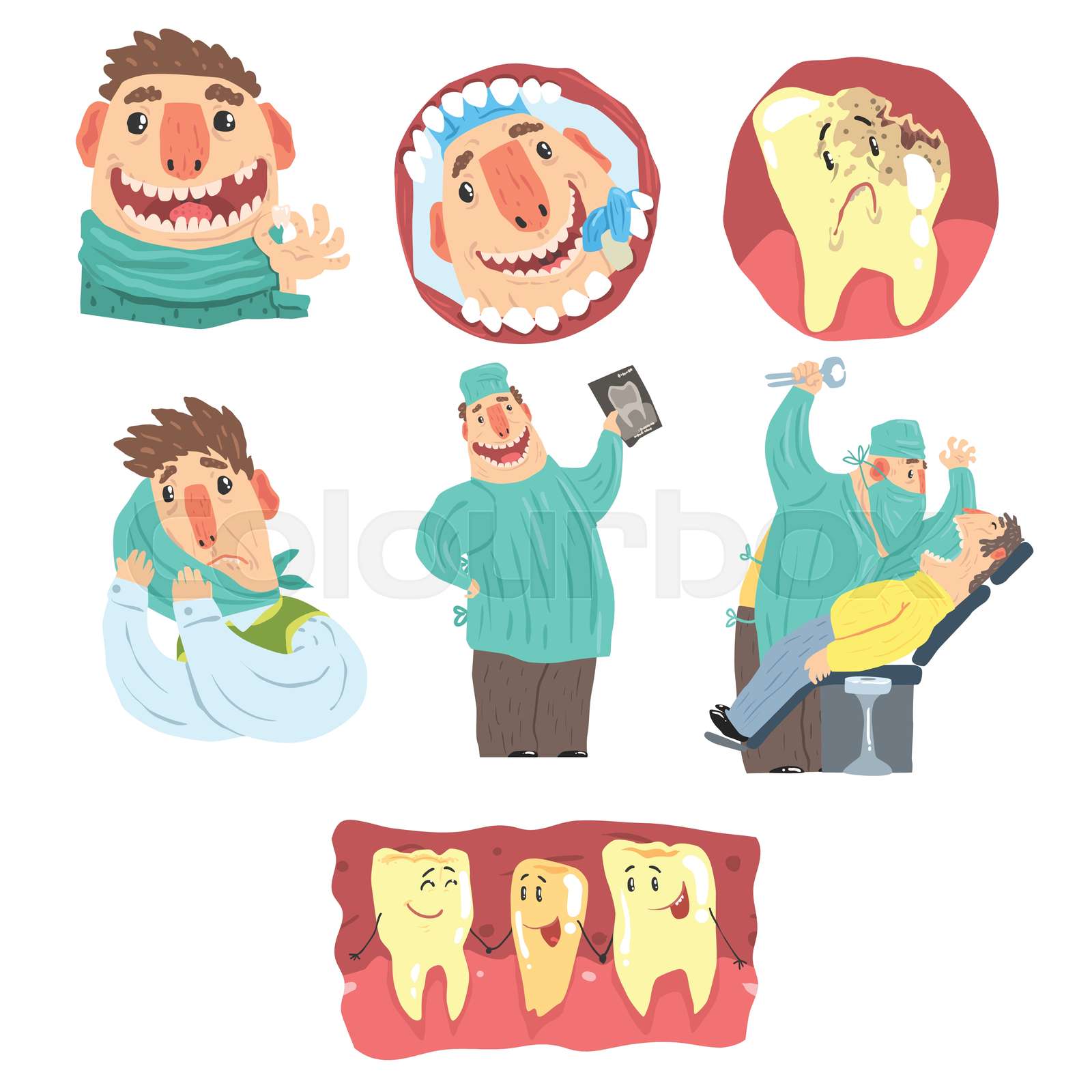 Funny Cartoon Dentist And Patient Illustration Set With Dental Care ...