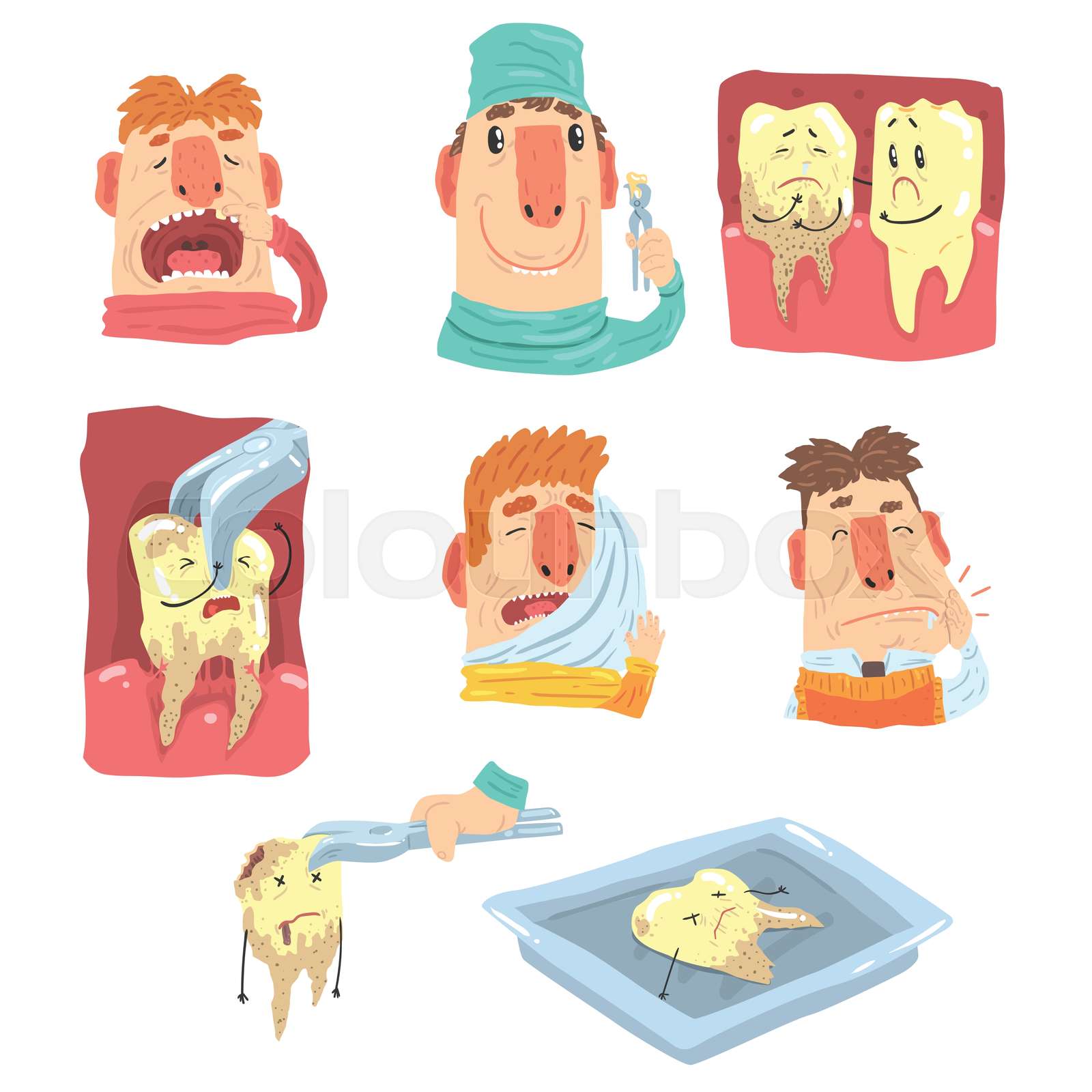 Funny Cartoon Dentist And Patient Illustration Series With Dental Care ...
