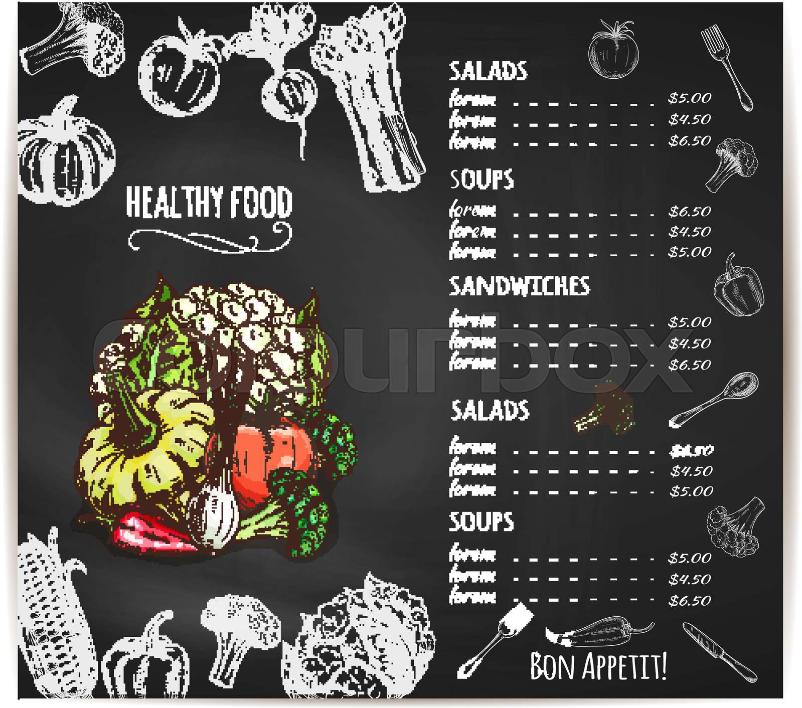 Healthy food menu vegetables vector sketch | Stock vector | Colourbox