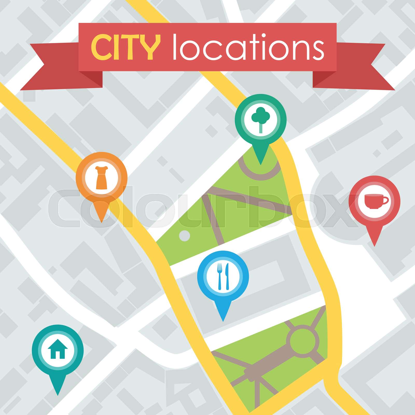vector illustration of a city map with locations | Stock vector | Colourbox