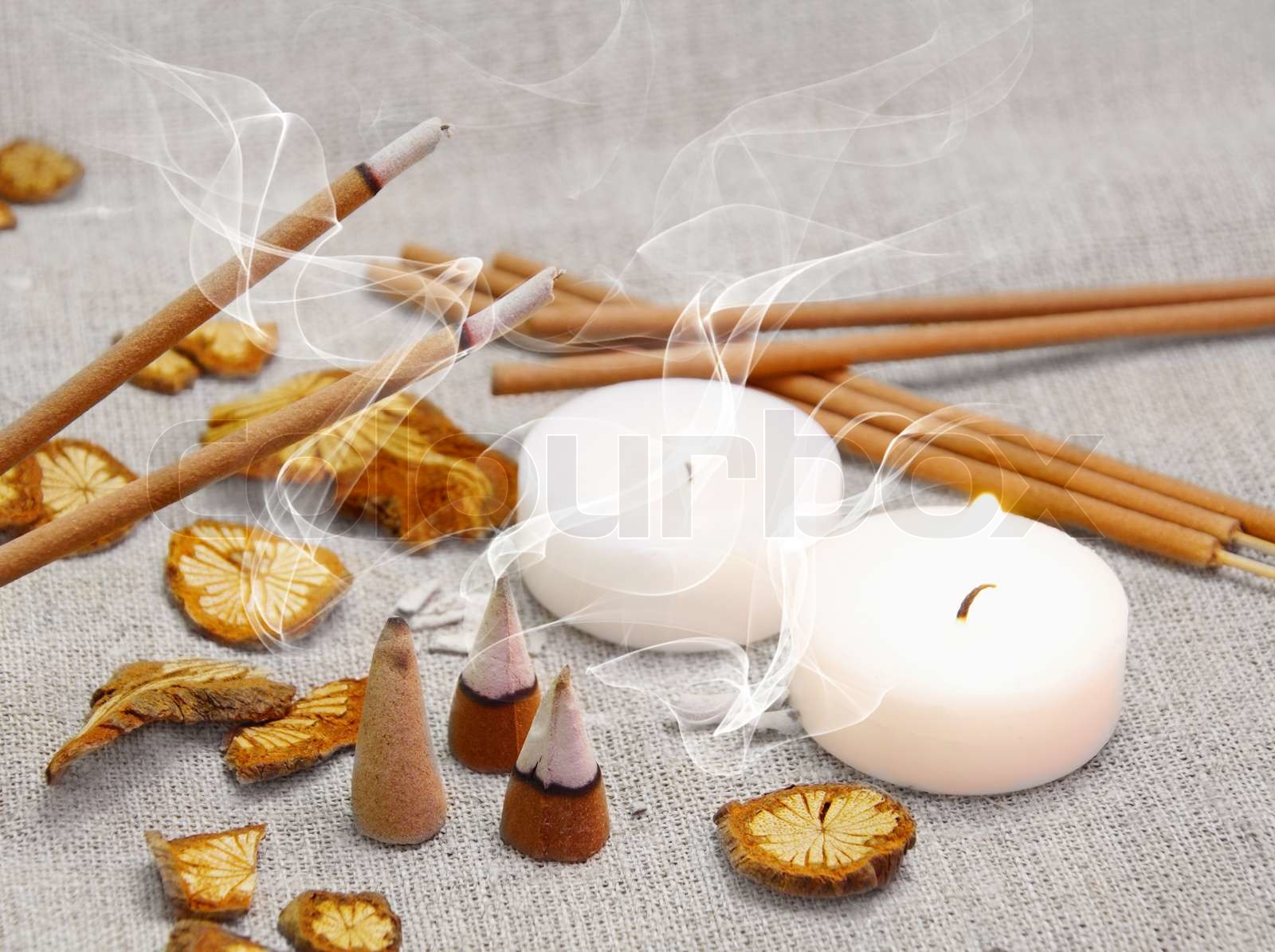Aroma Set of Candles, Smoking Sticks and Pyramides | Stock image ...