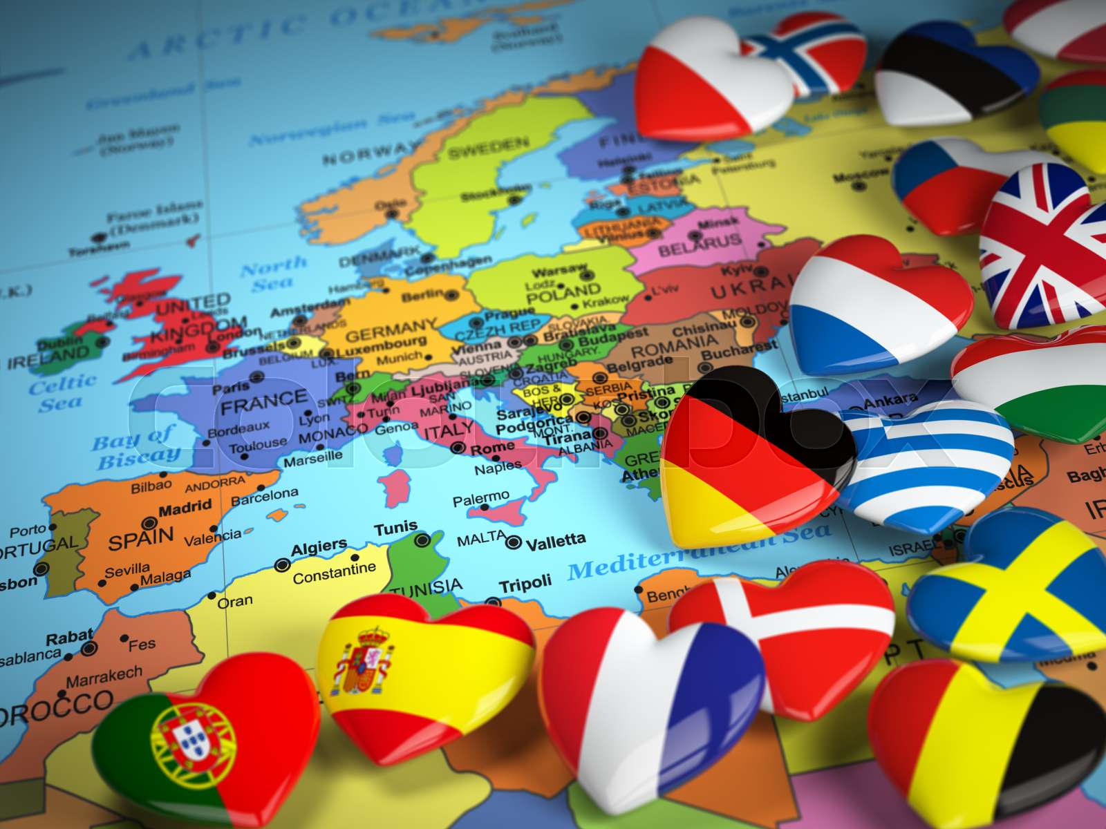 Travel EU concept. Map of Europe and hearts with flags of european ...