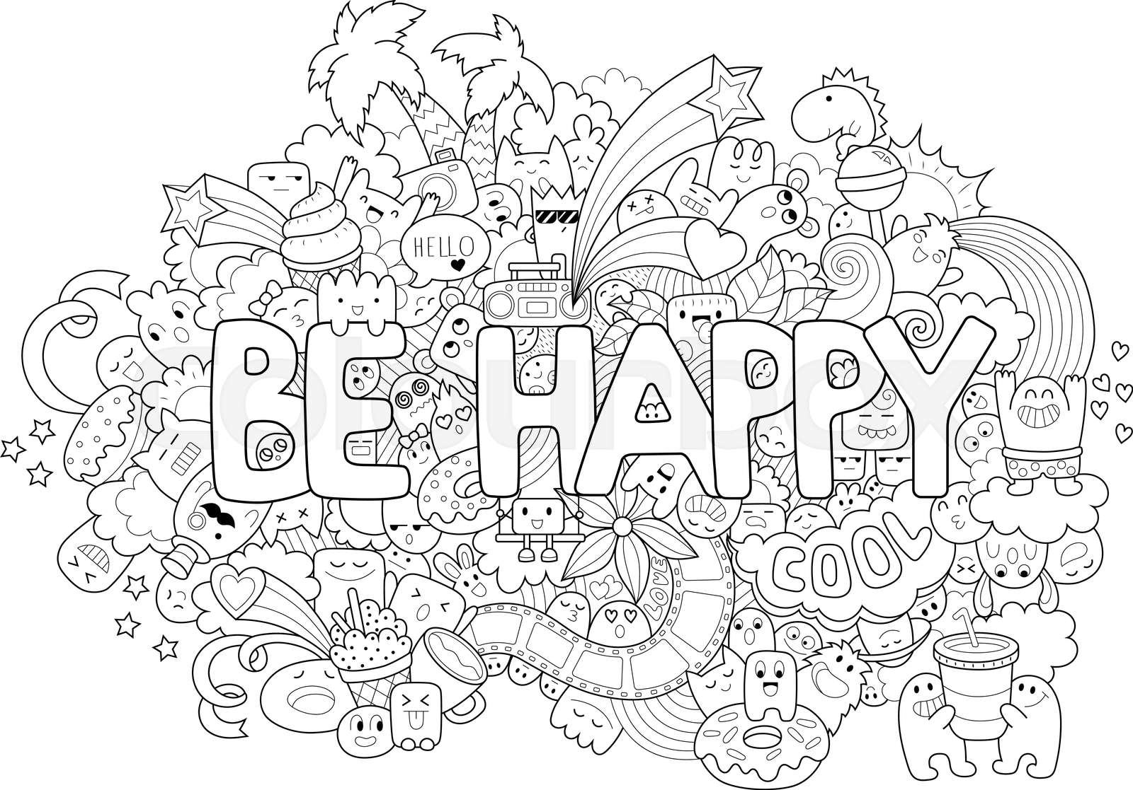 Printable coloring page for adults with cartoon characters. Hand drawn ...